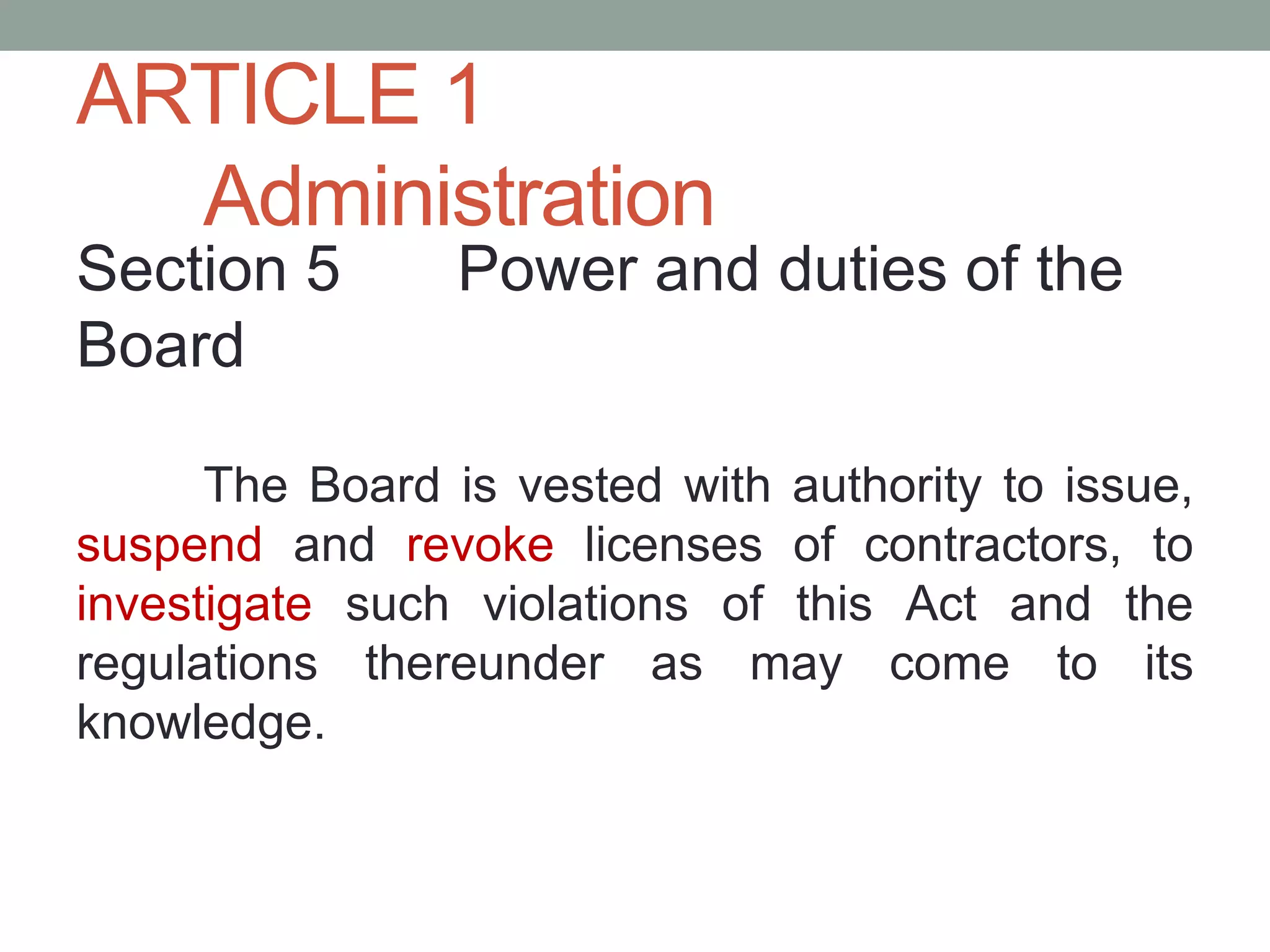 Philippine Licensing Board for Contractors Act by Cabilogan, Eryl Kean R. (RA 4566) | PPTX