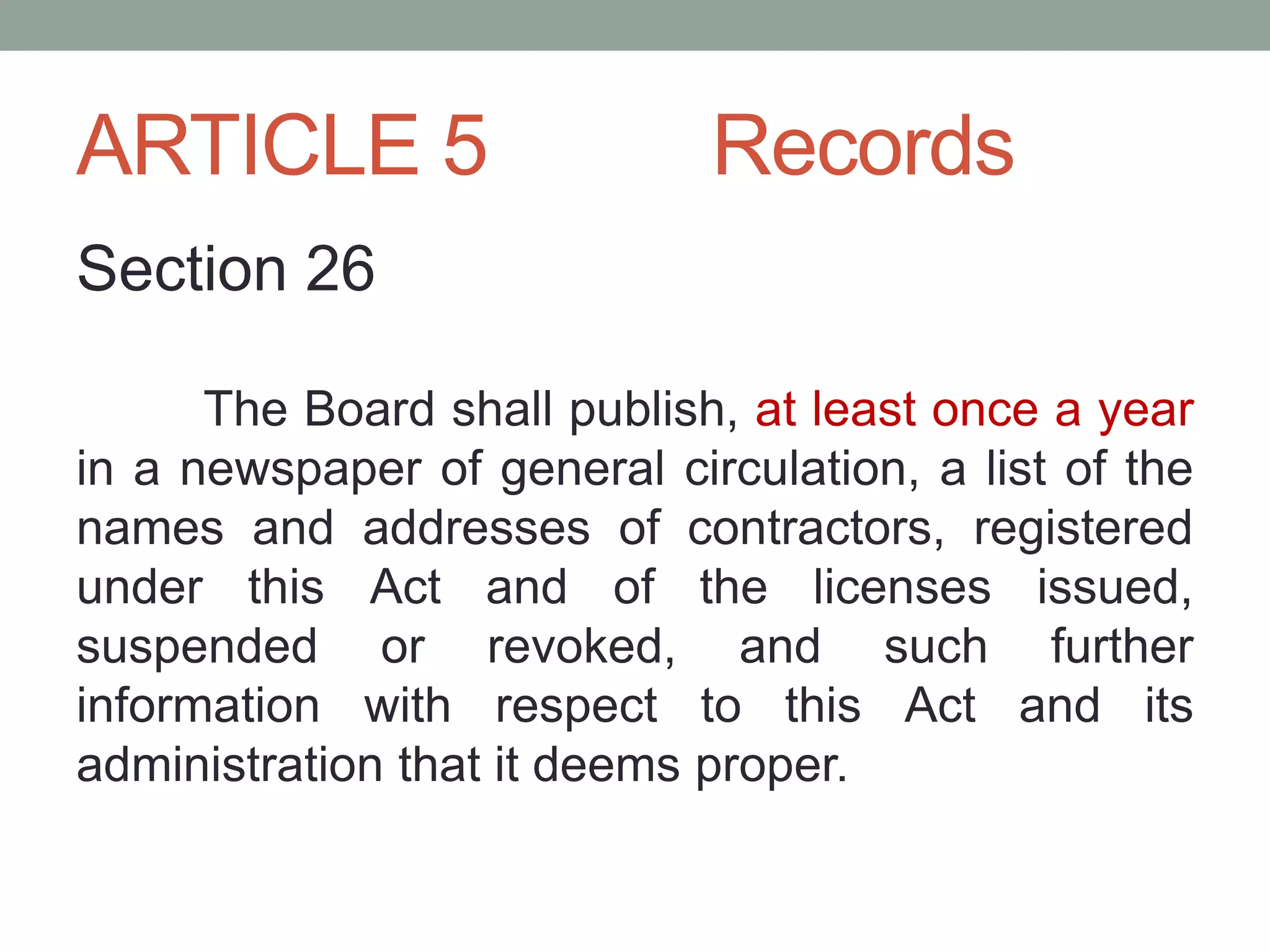 Philippine Licensing Board for Contractors Act by Cabilogan, Eryl Kean R. (RA 4566) | PPTX