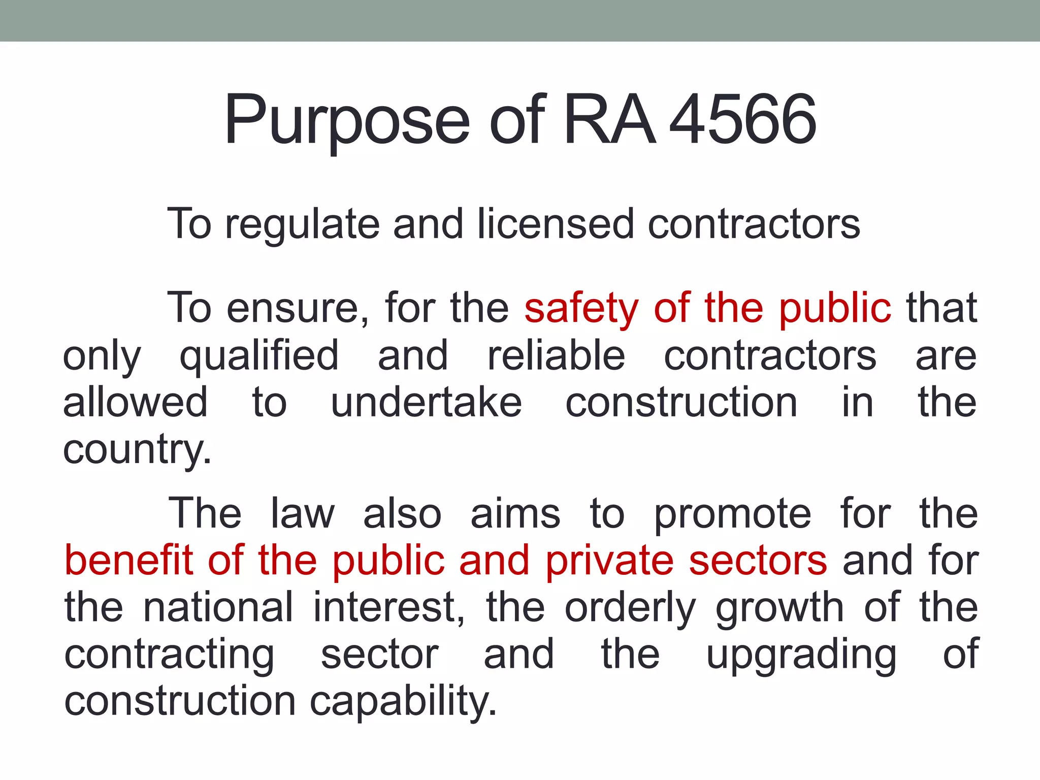 Philippine Licensing Board for Contractors Act by Cabilogan, Eryl Kean R. (RA 4566) | PPTX | Law