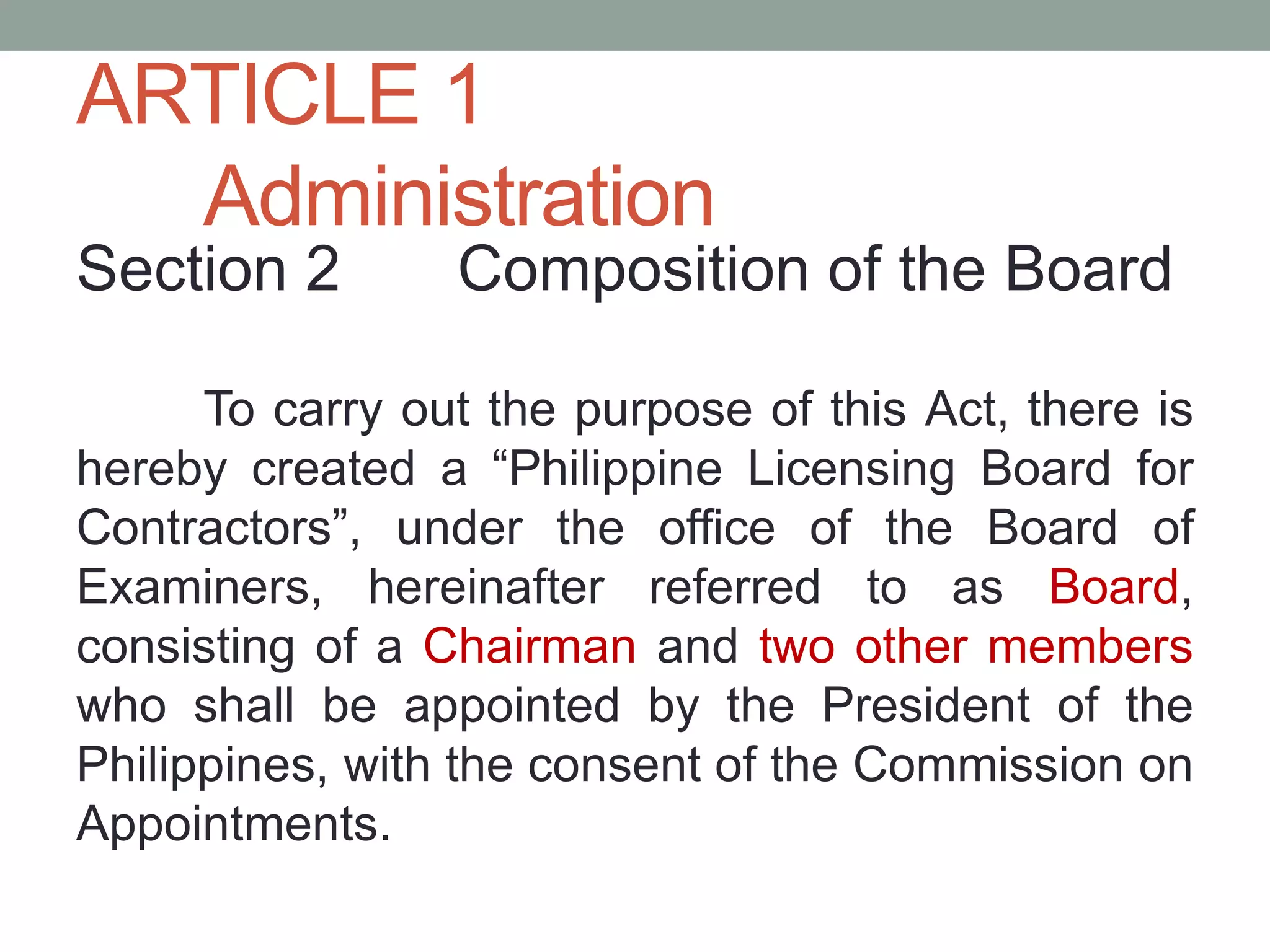 Philippine Licensing Board for Contractors Act by Cabilogan, Eryl Kean R. (RA 4566) | PPTX