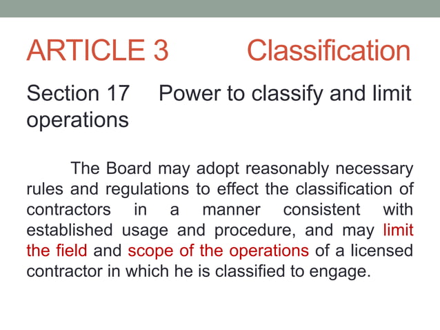 Philippine Licensing Board for Contractors Act by Cabilogan, Eryl Kean R. (RA 4566) | PPTX | Law