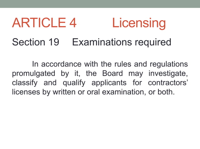 Philippine Licensing Board for Contractors Act by Cabilogan, Eryl Kean R. (RA 4566) | PPTX | Law