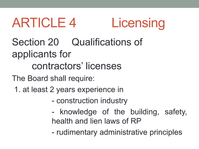Philippine Licensing Board for Contractors Act by Cabilogan, Eryl Kean R. (RA 4566) | PPTX | Law