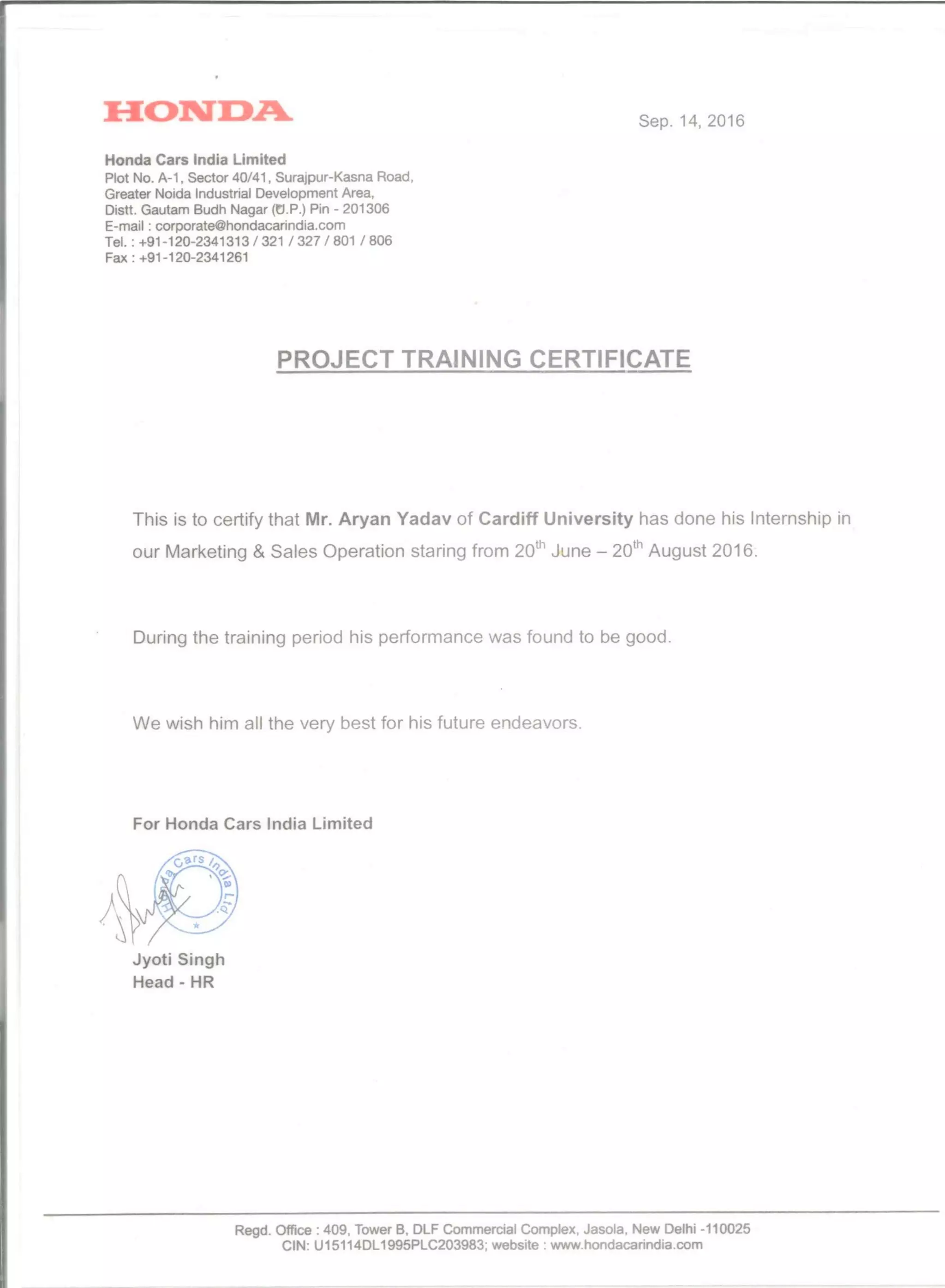 Honda Training Certificate | PDF
