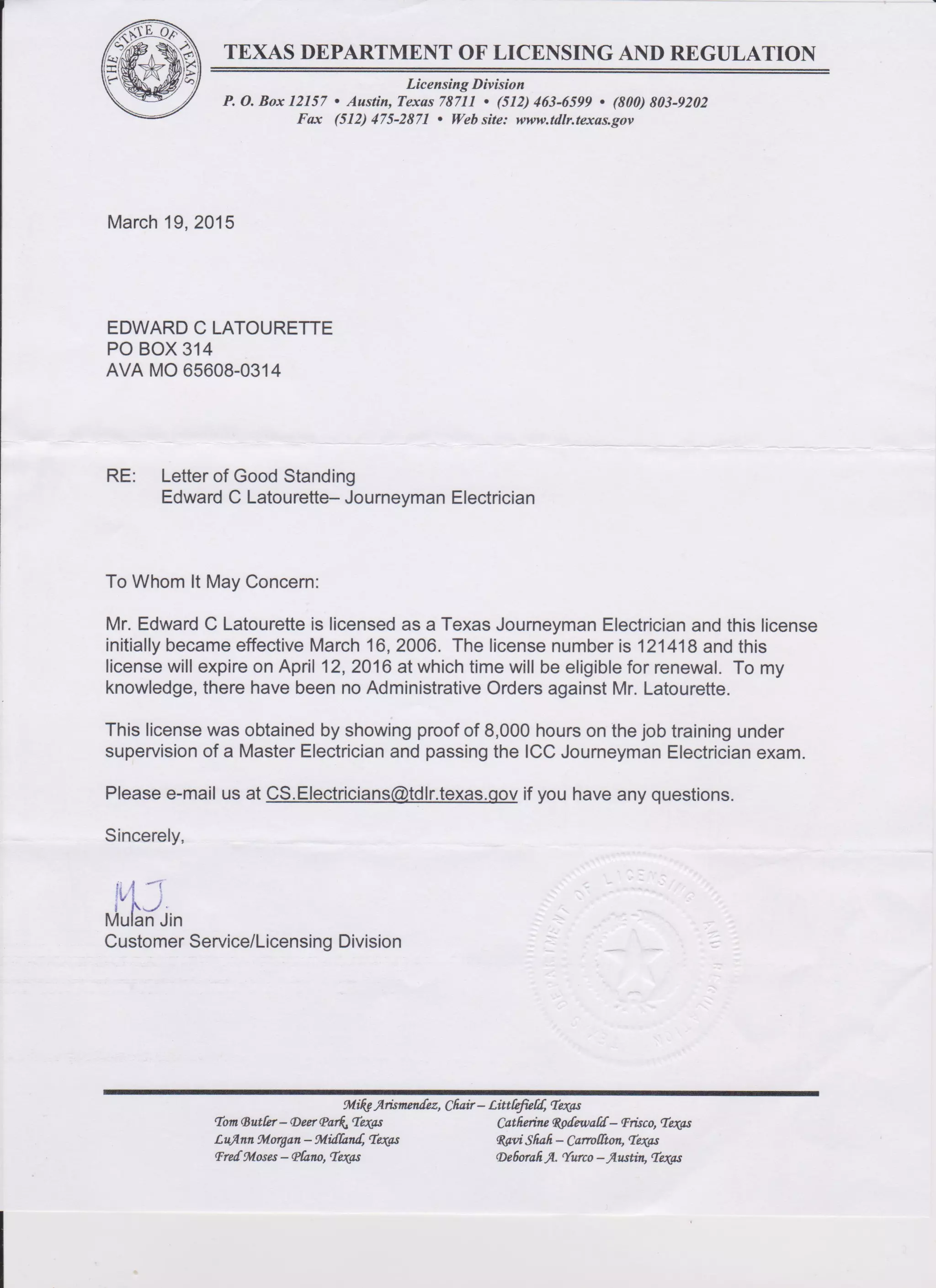 TDLR Electrical license and experience letter | PDF