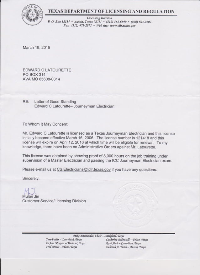 TDLR Electrical license and experience letter | PDF