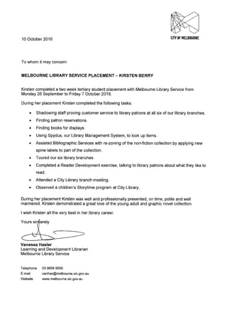 Reference letter Kirsten Berry Melbourne Library Service | PDF