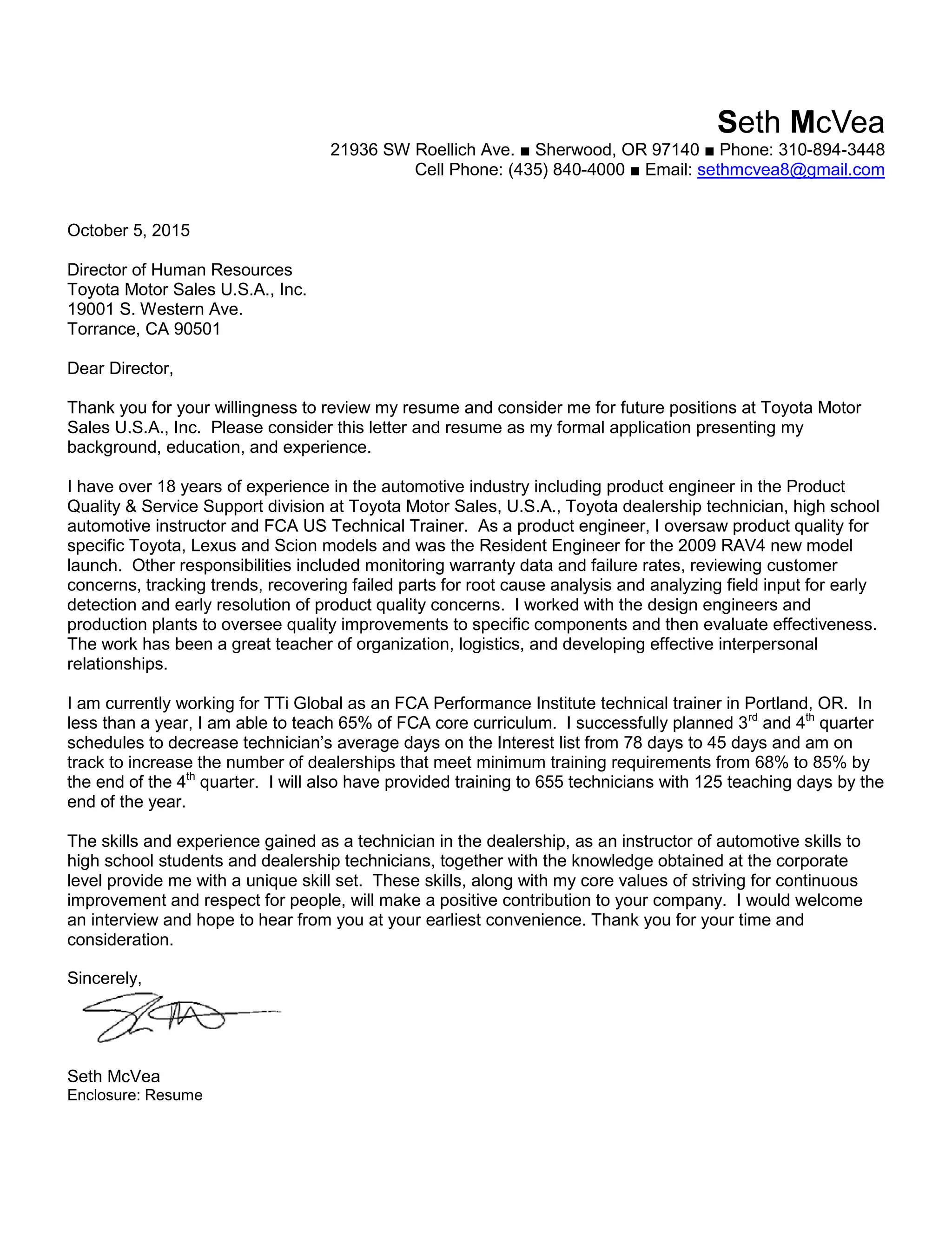 Seth McVea_Toyota Motor Sales_ Cover Letter | PDF