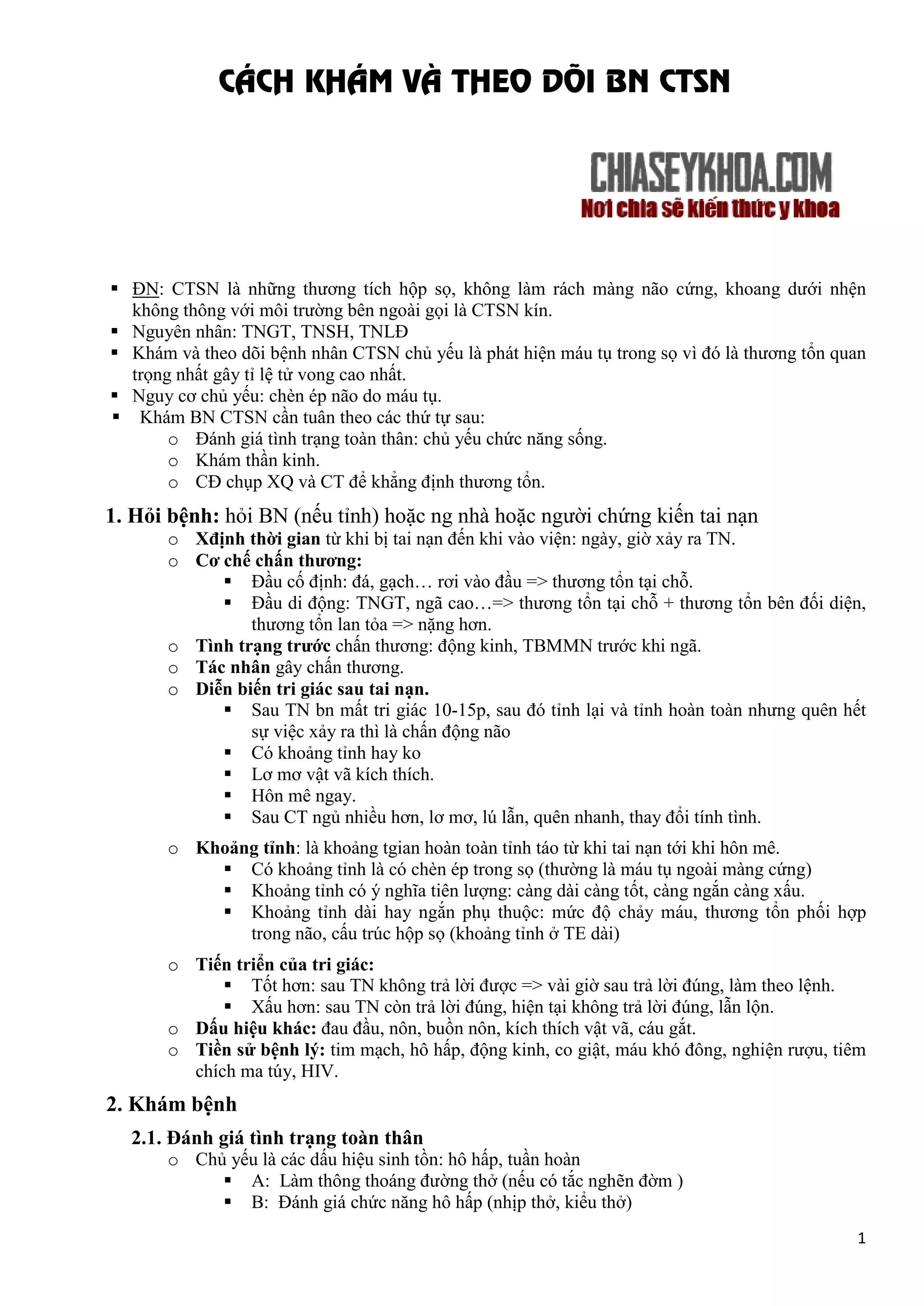 Cach kham va theo doi benh nhan ctsn | PDF