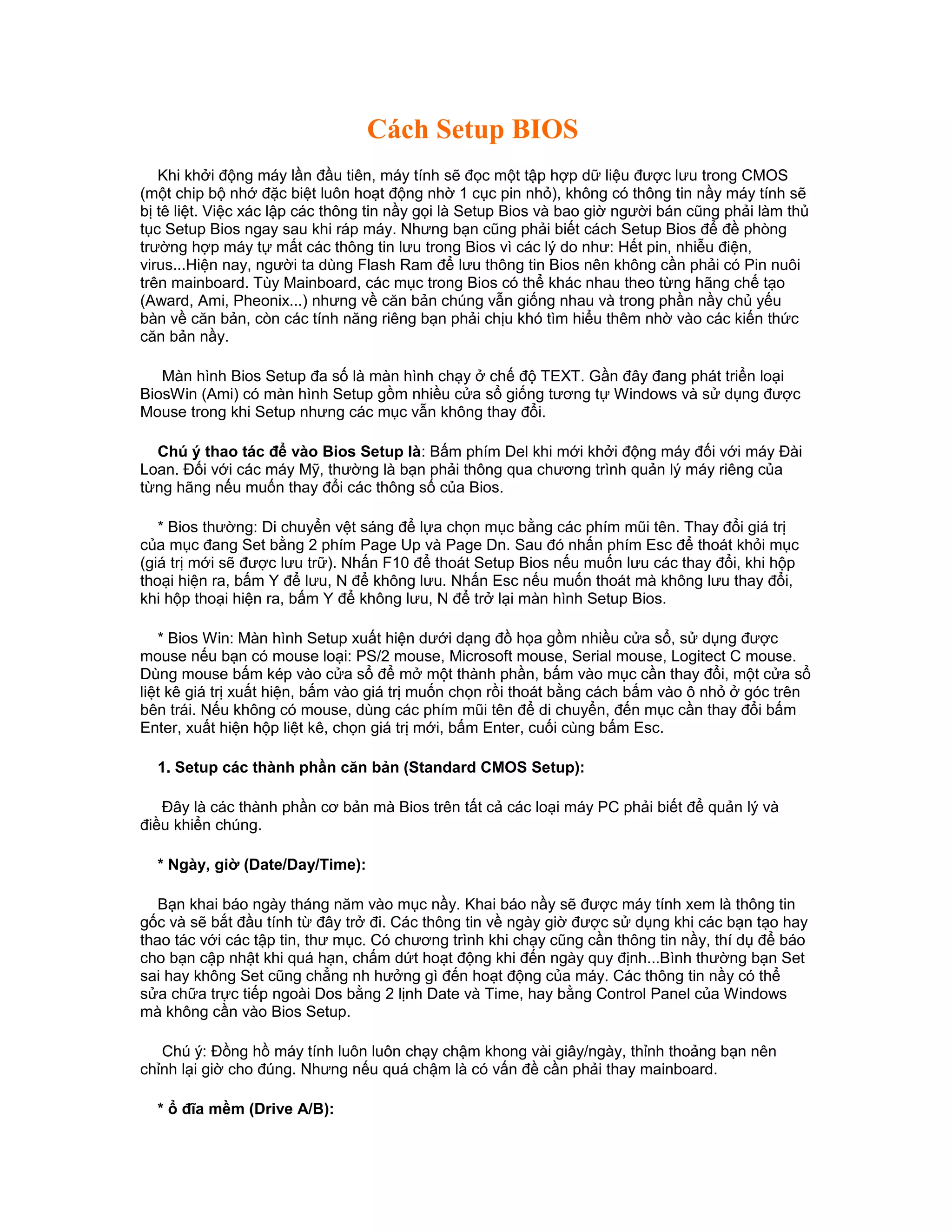 Cach setup bios | PDF