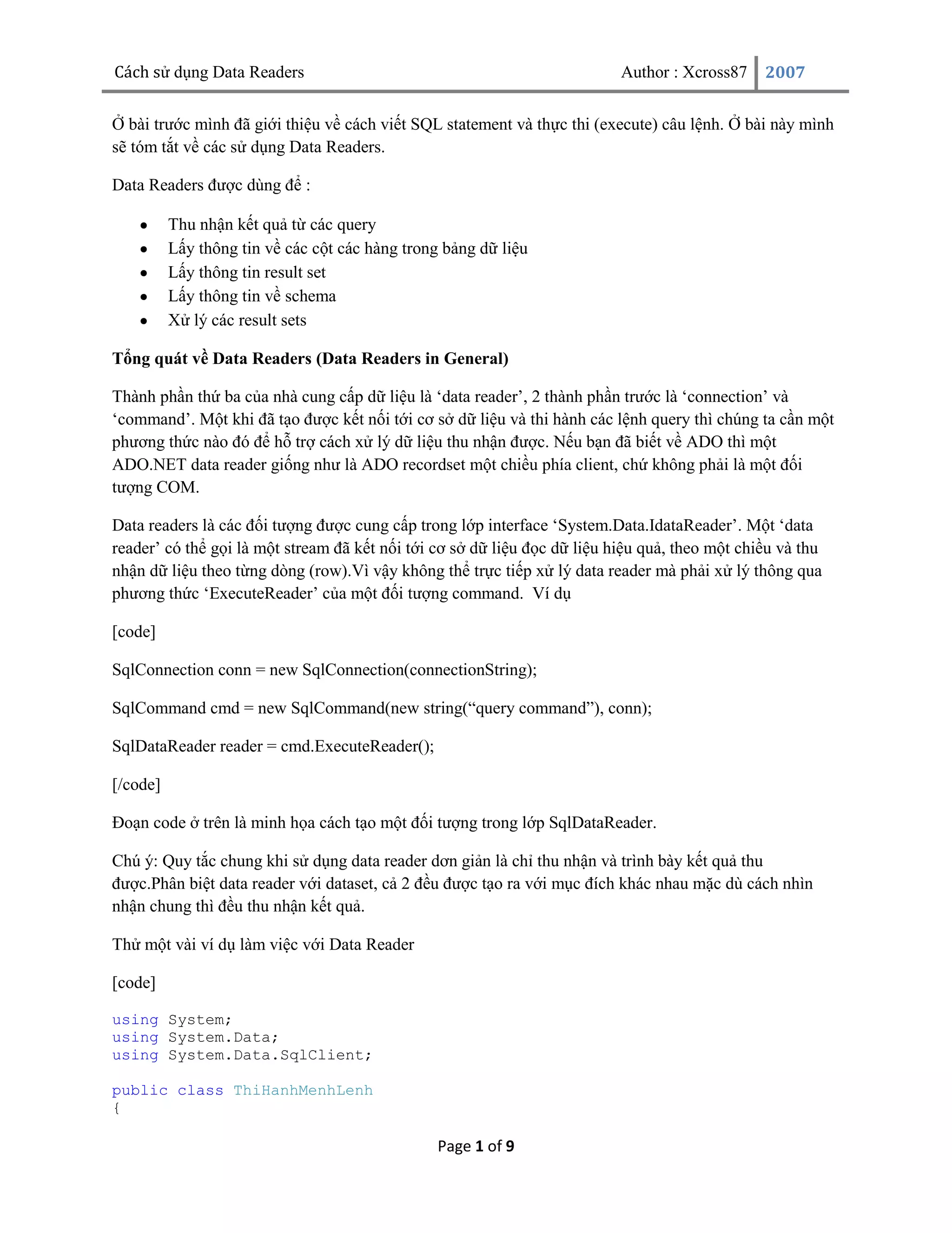 Cach su dung data reader | DOCX