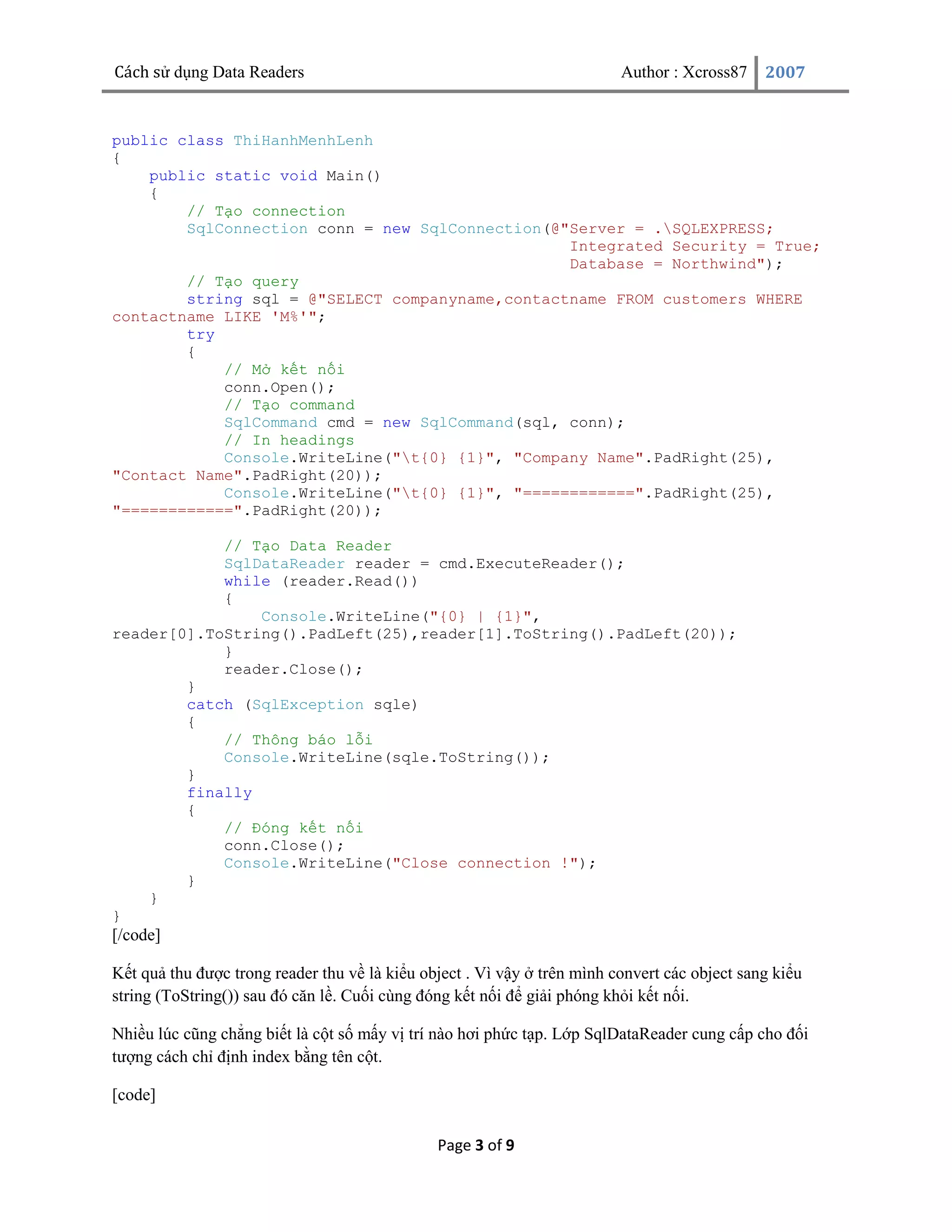 Cach su dung data reader | DOCX