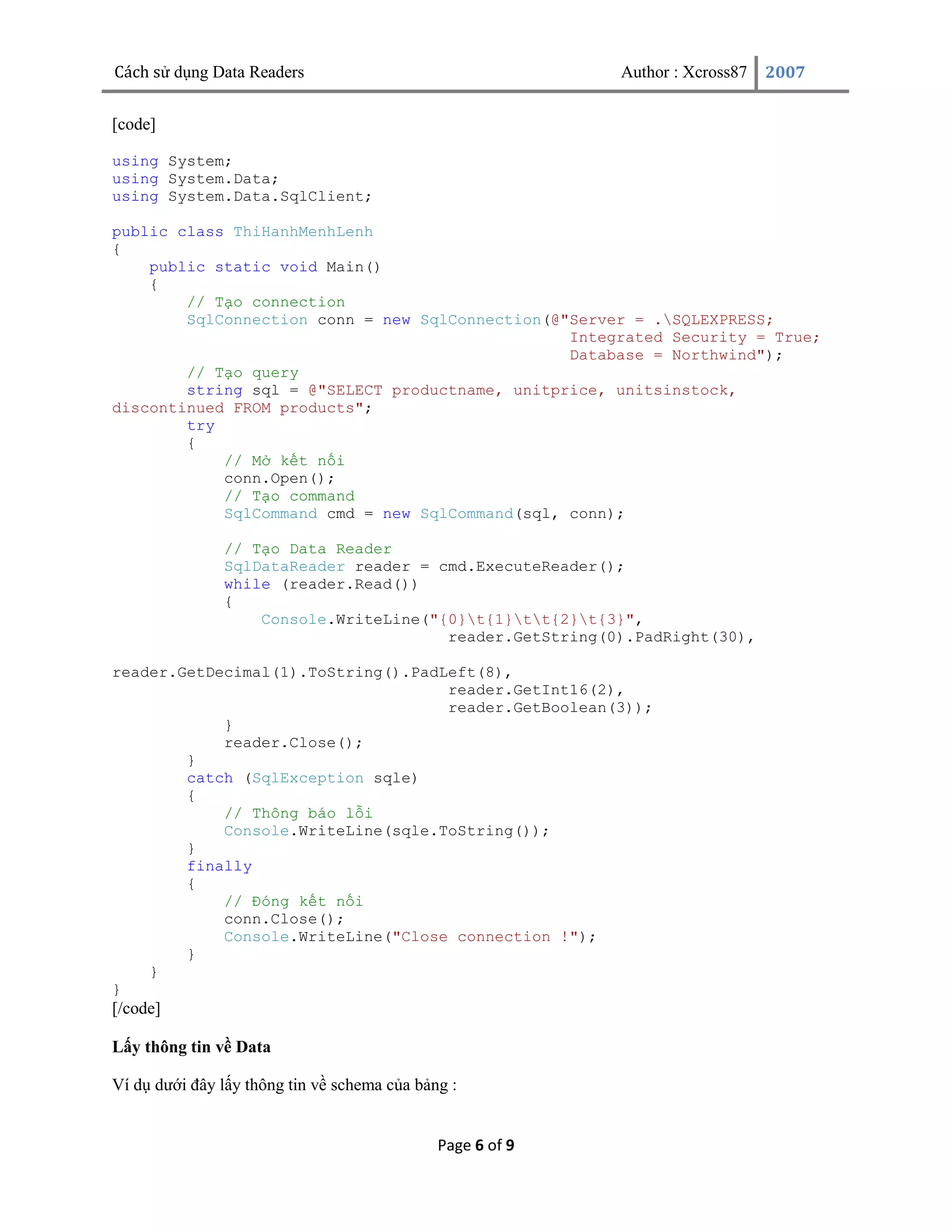 Cach su dung data reader | DOCX