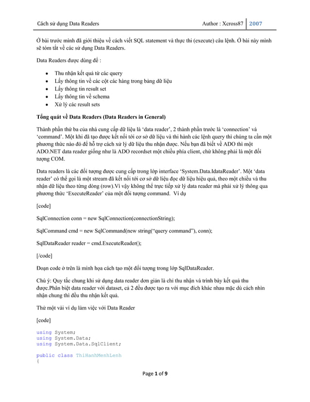 Cach su dung data reader | PDF