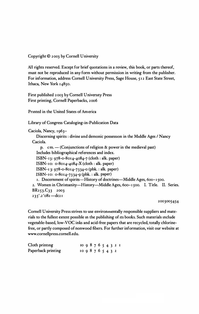 CACIOLA. Discerning Spirits Divine and Demonic Possession in the Middle ...