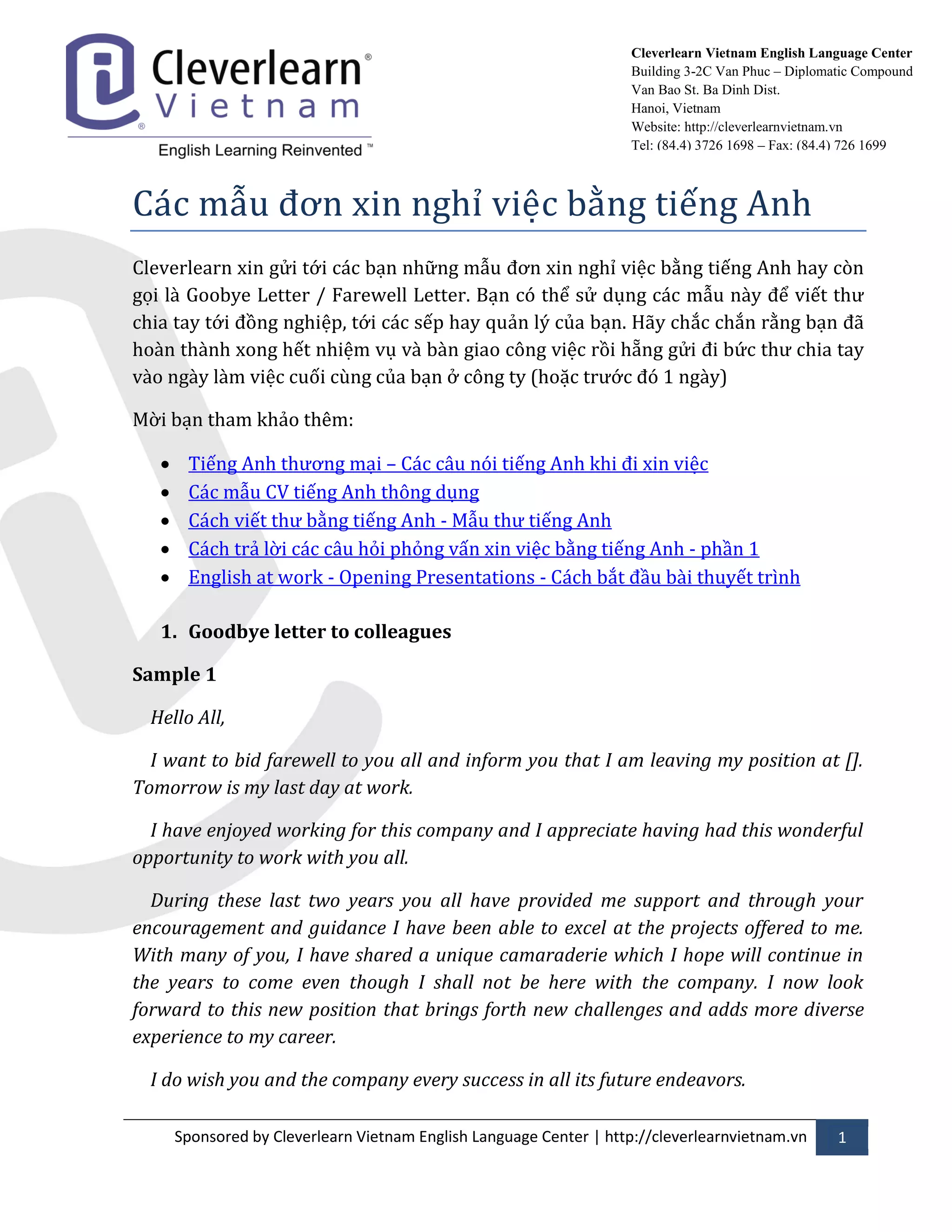 Cac mau don xin nghi viec bang tieng anh goodbye letter - farewell ...