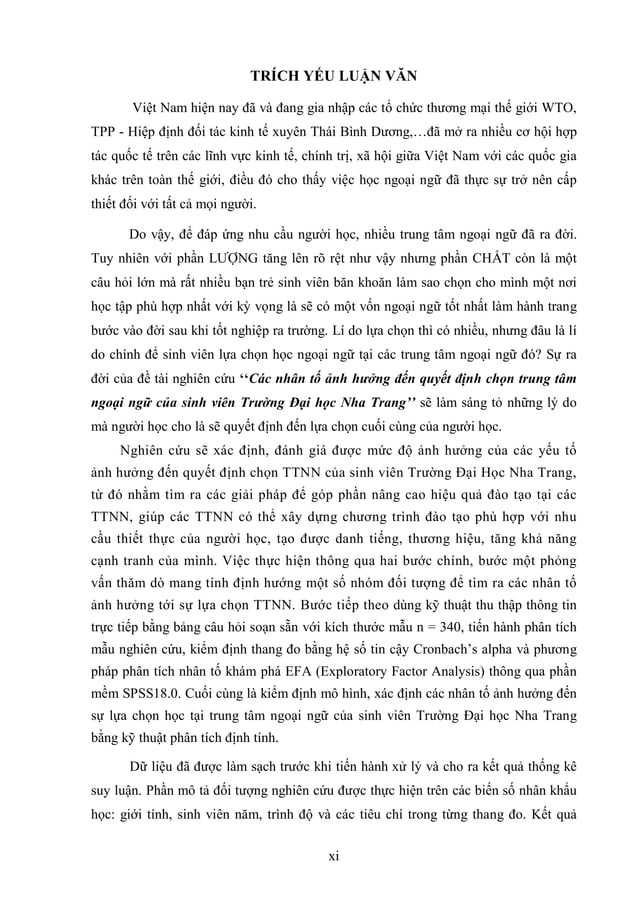 Các nhân tố ảnh hưởng đến quyết định chọn trung tâm ngoại ngữ của sinh viên Trường Đại học Nha ...