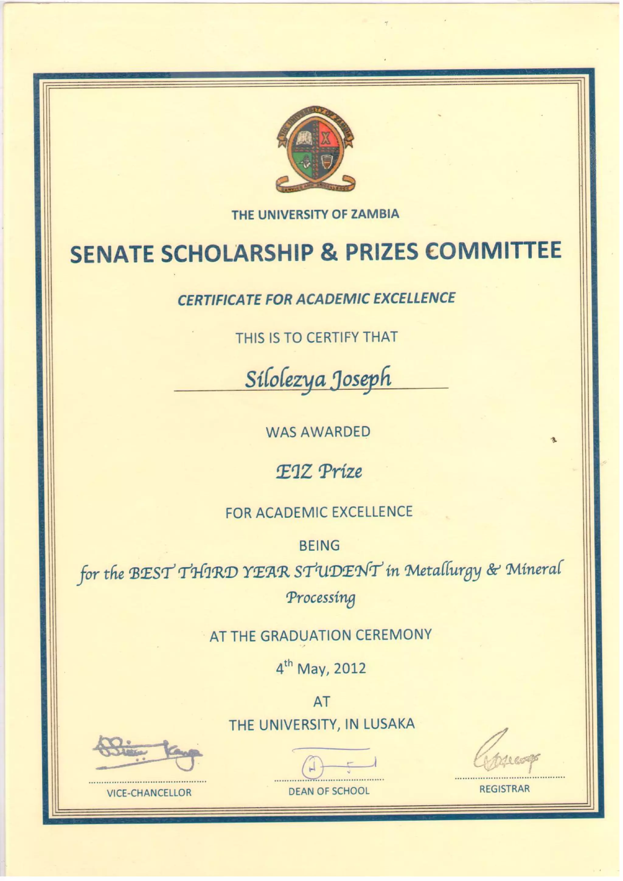 Joseph Lupa Silolezya-3rd Certificate | PDF