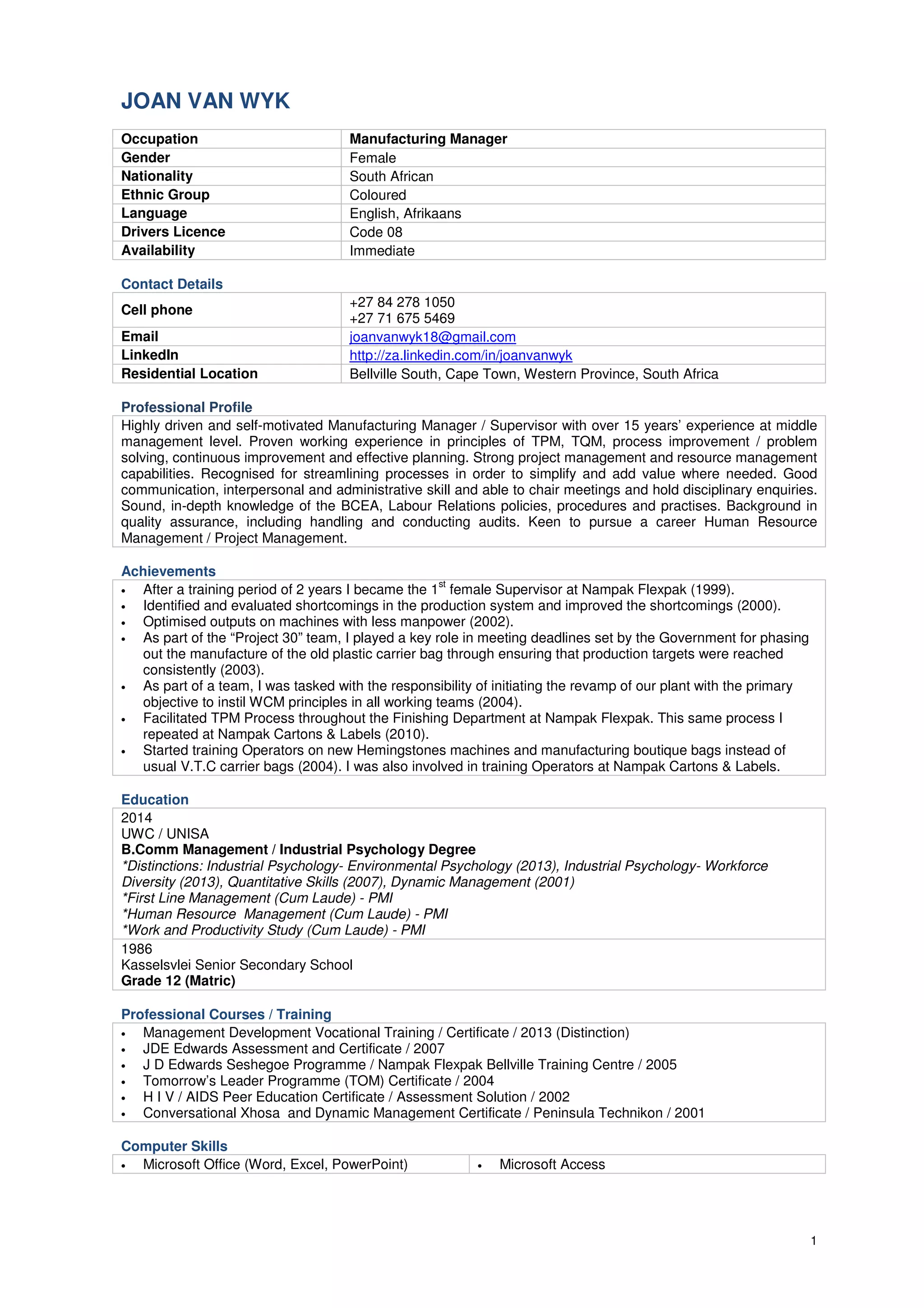 Joan van Wyk CV | PDF