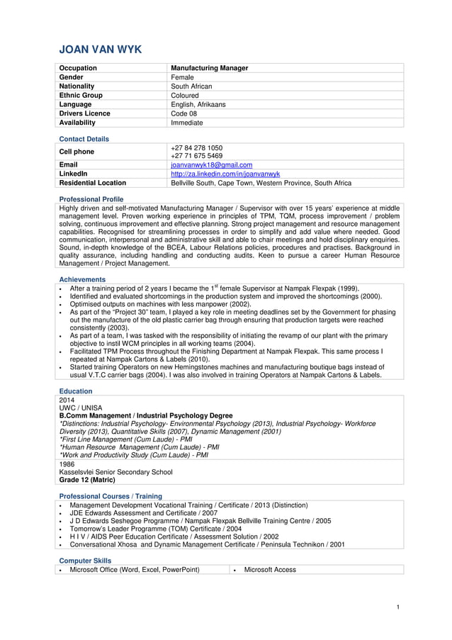 Joan van Wyk CV | PDF