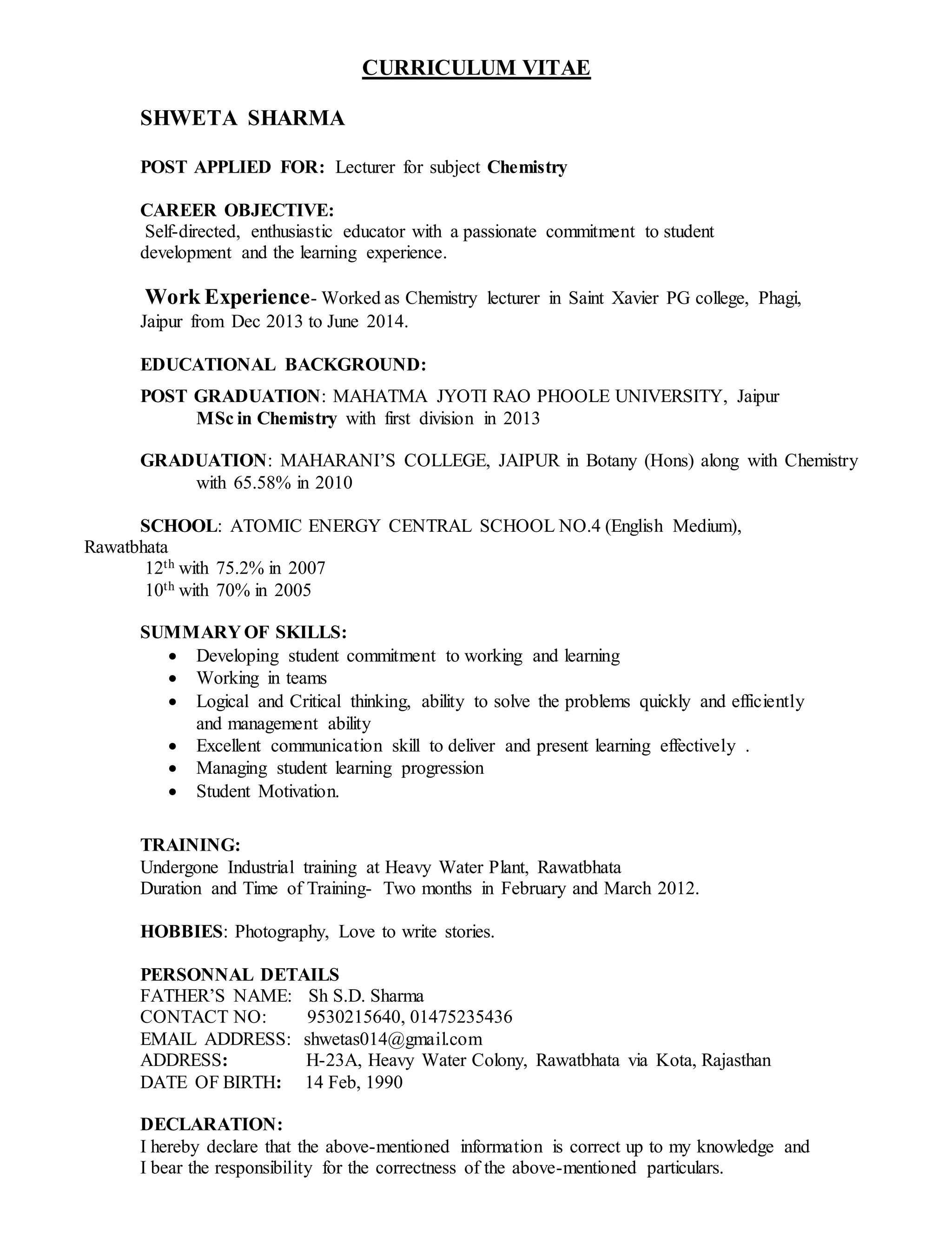 SHWETA SHARMA-resume for Chemistry (1) | DOCX