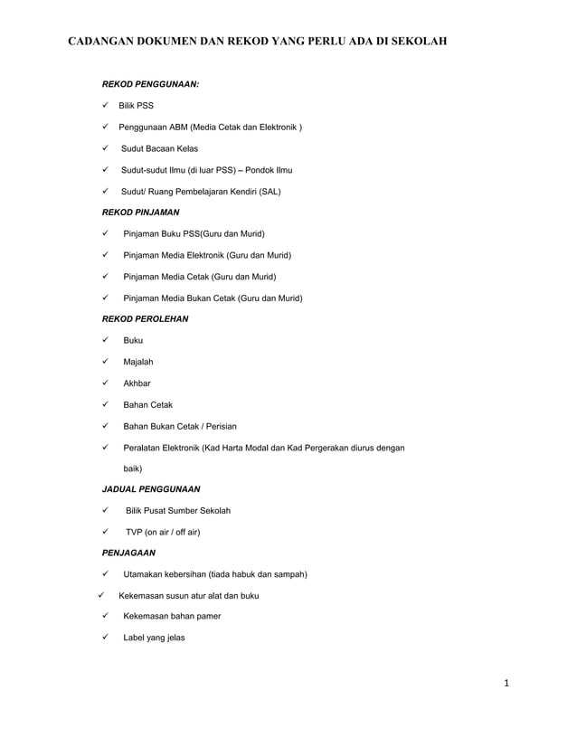 Cadangan dokumen dan rekod yang perlu ada di sekolah | DOC