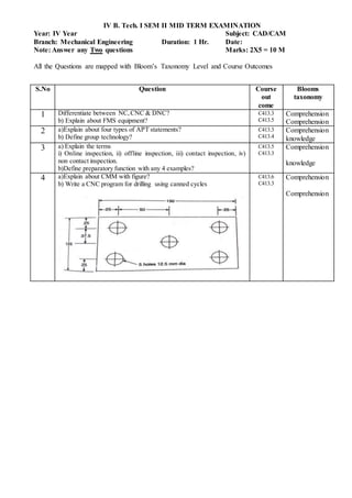 Cadcam mid 2 question paper | DOCX