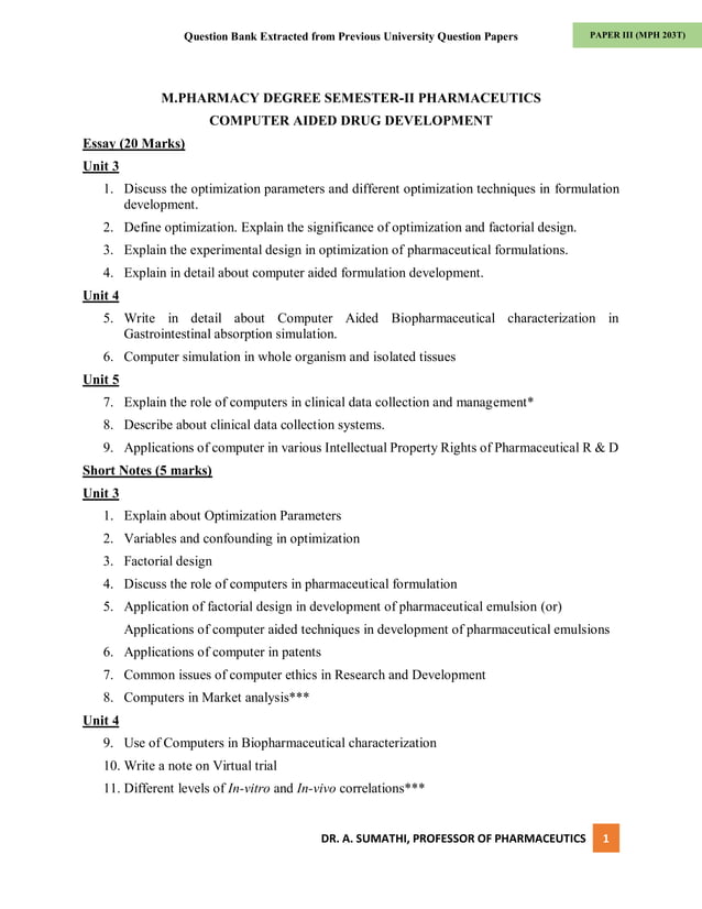 Dr. A. Sumathi - M.Pharm - CADD - Question Bank | PDF