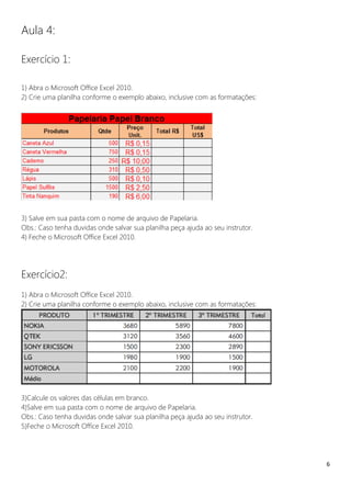 Caderno de exercícios excel 2010 | PDF