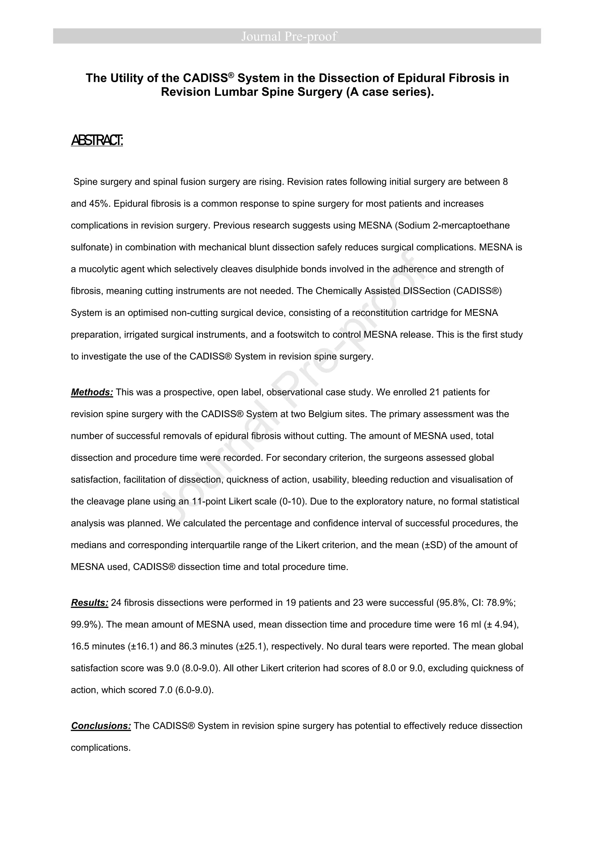 The Utility of the CADISS® System in the Dissection of Epidural ...
