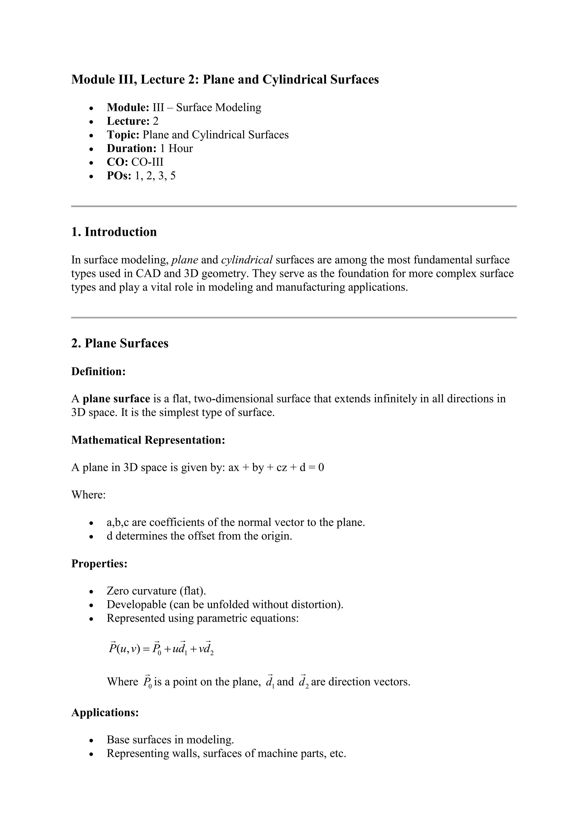 Module- III (CO-III) Techniques of surface modelling, plane surface ...