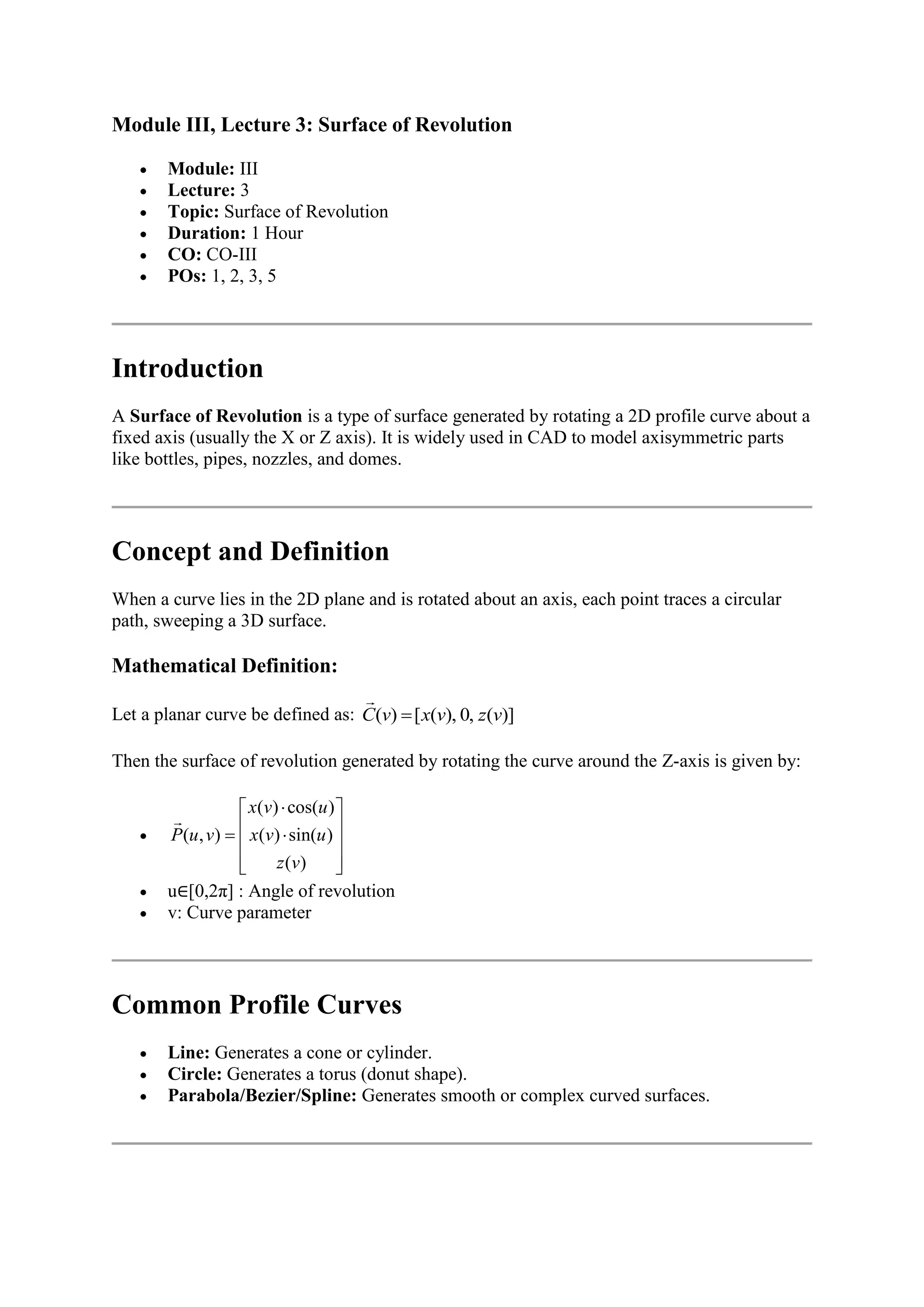 Module- III (CO-III) Techniques of surface modelling, plane surface ...