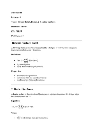 Module- III (CO-III) Techniques of surface modelling, plane surface ...