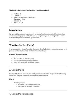 Module- III (CO-III) Techniques of surface modelling, plane surface ...