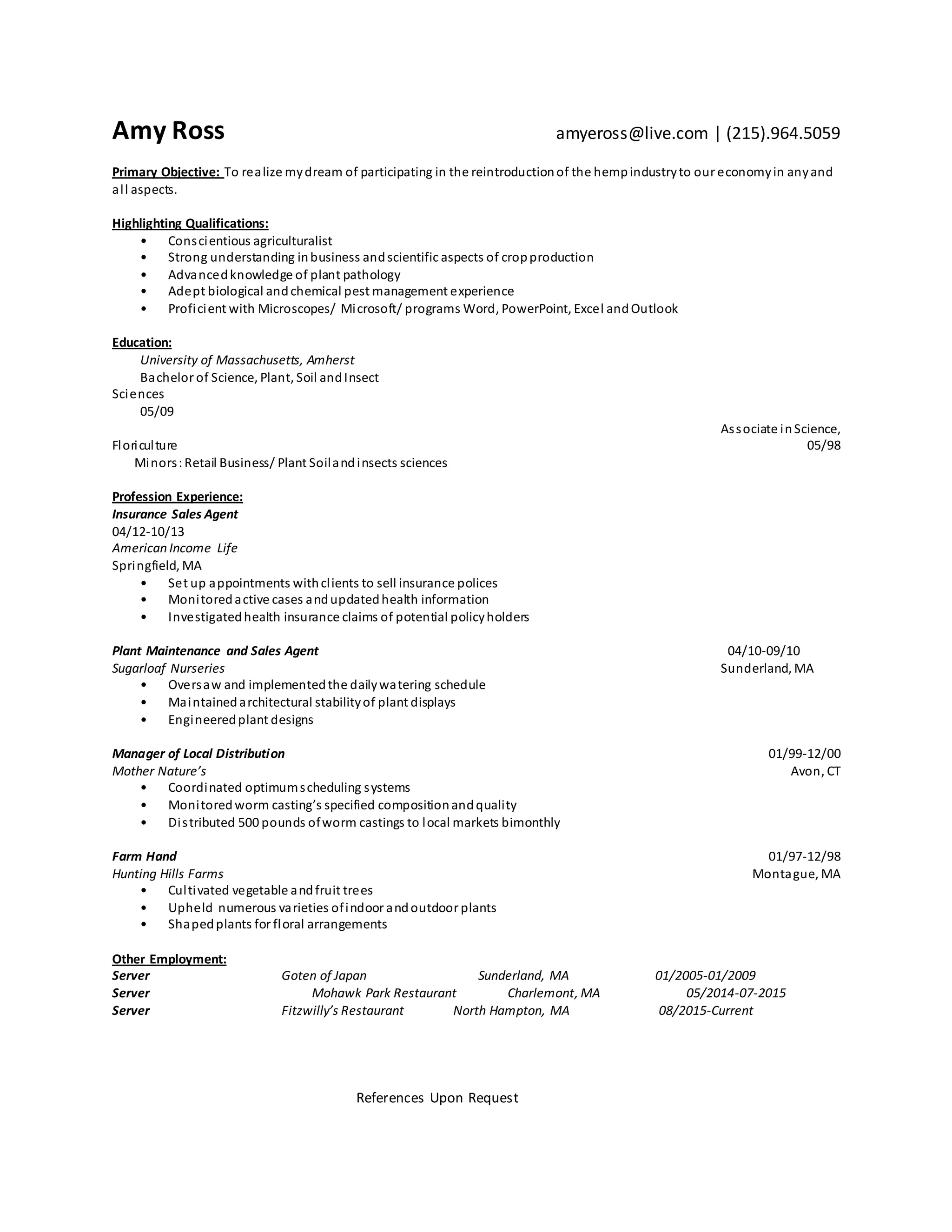 Resume Amy Ross | DOCX | Agriculture | Industries