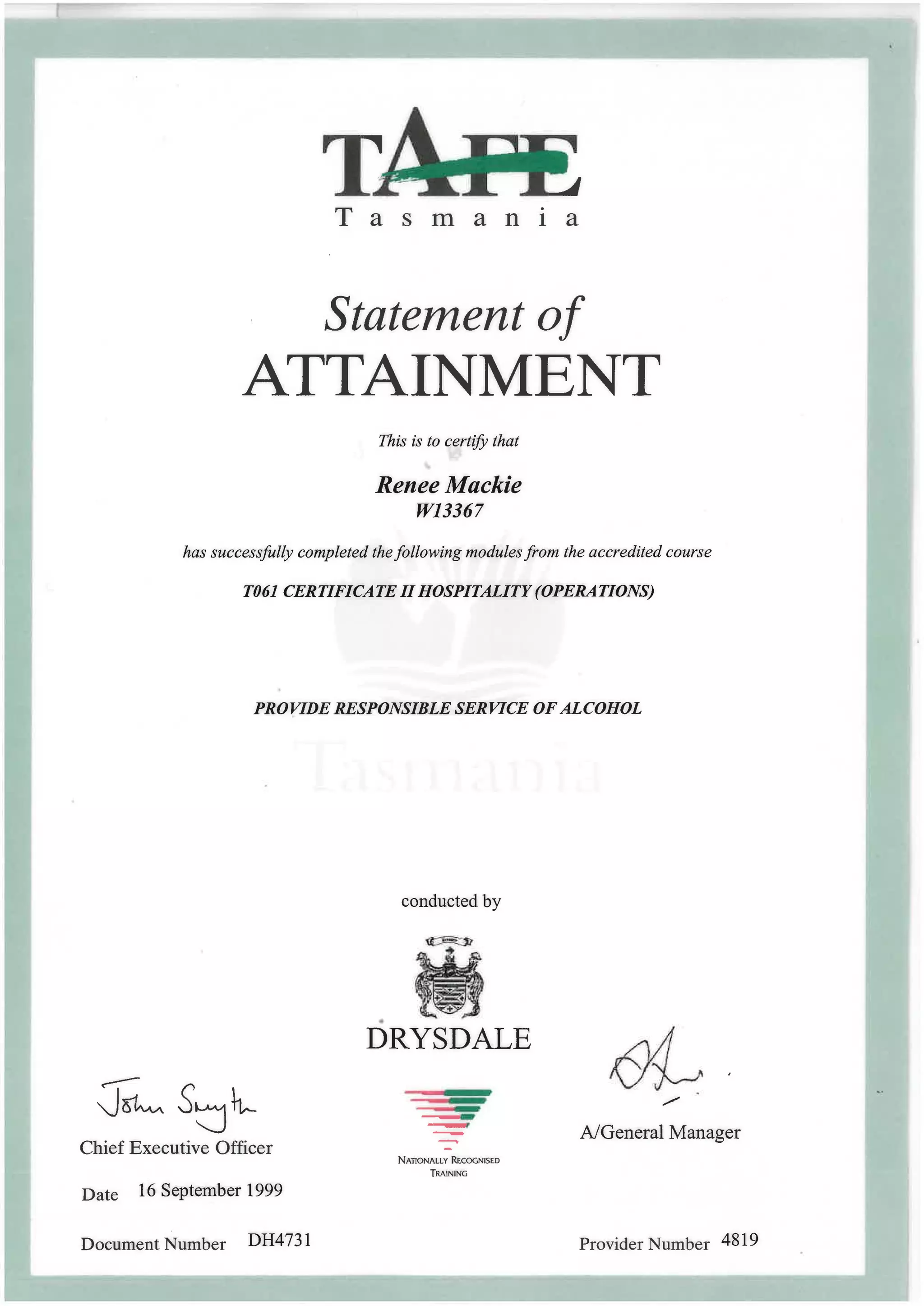Responsible Service of Alcohol Certificate | PDF