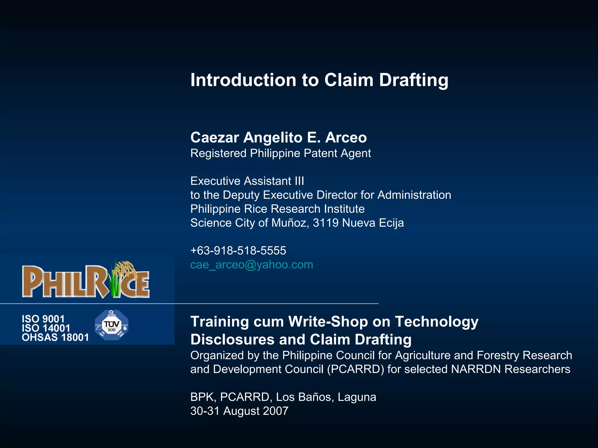 Introduction to claim drafting by Caezar Angelito E. Arceo | PPT