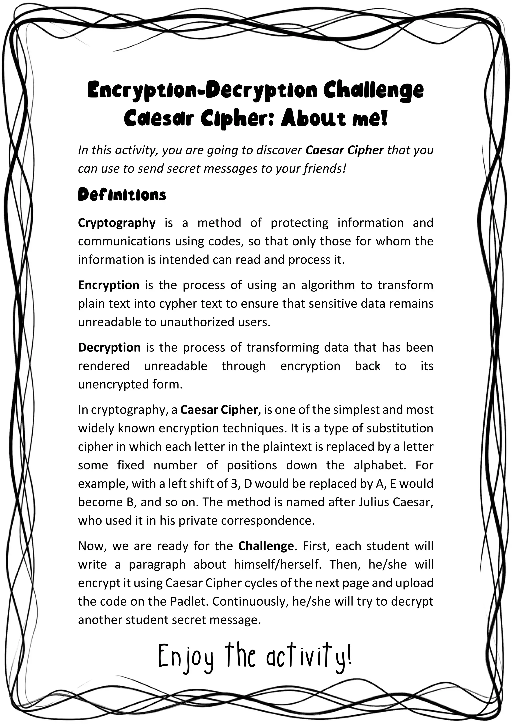 Encryption Decryption Challenge Caesar Cipher About Me Pdf