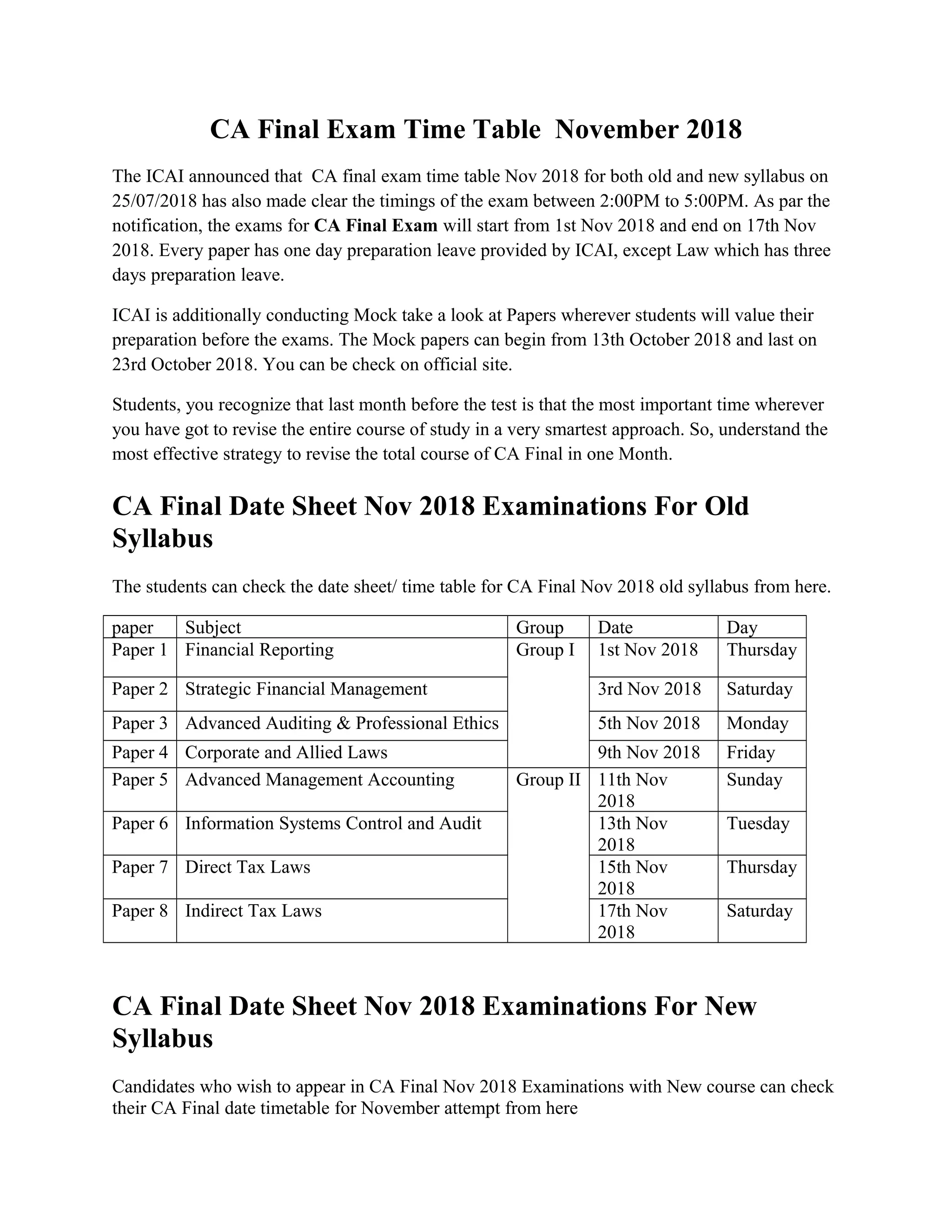 Ca final exam time table november 2018 | DOC