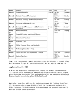 Ca final exam time table november 2018 | DOC