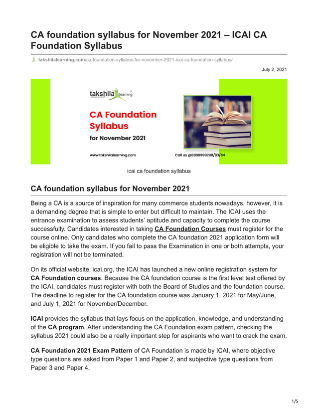 Ca foundation syllabus for november 2021 | icai ca foundation syllabus ...