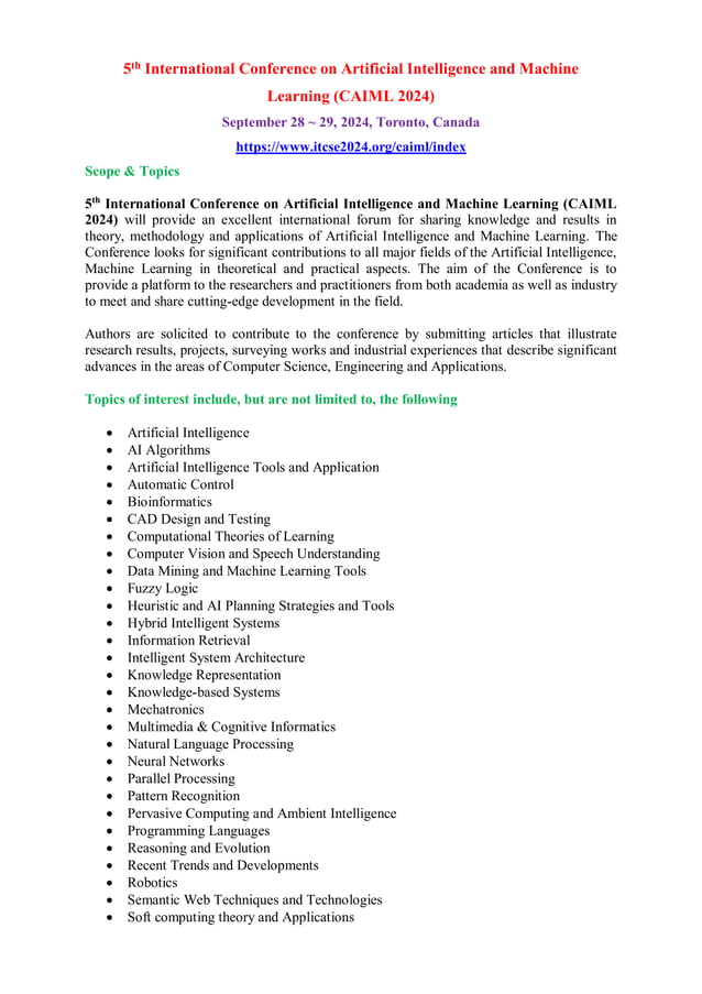 Call for Research Articles - 5th International Conference on Artificial Intelligence and Machine ...