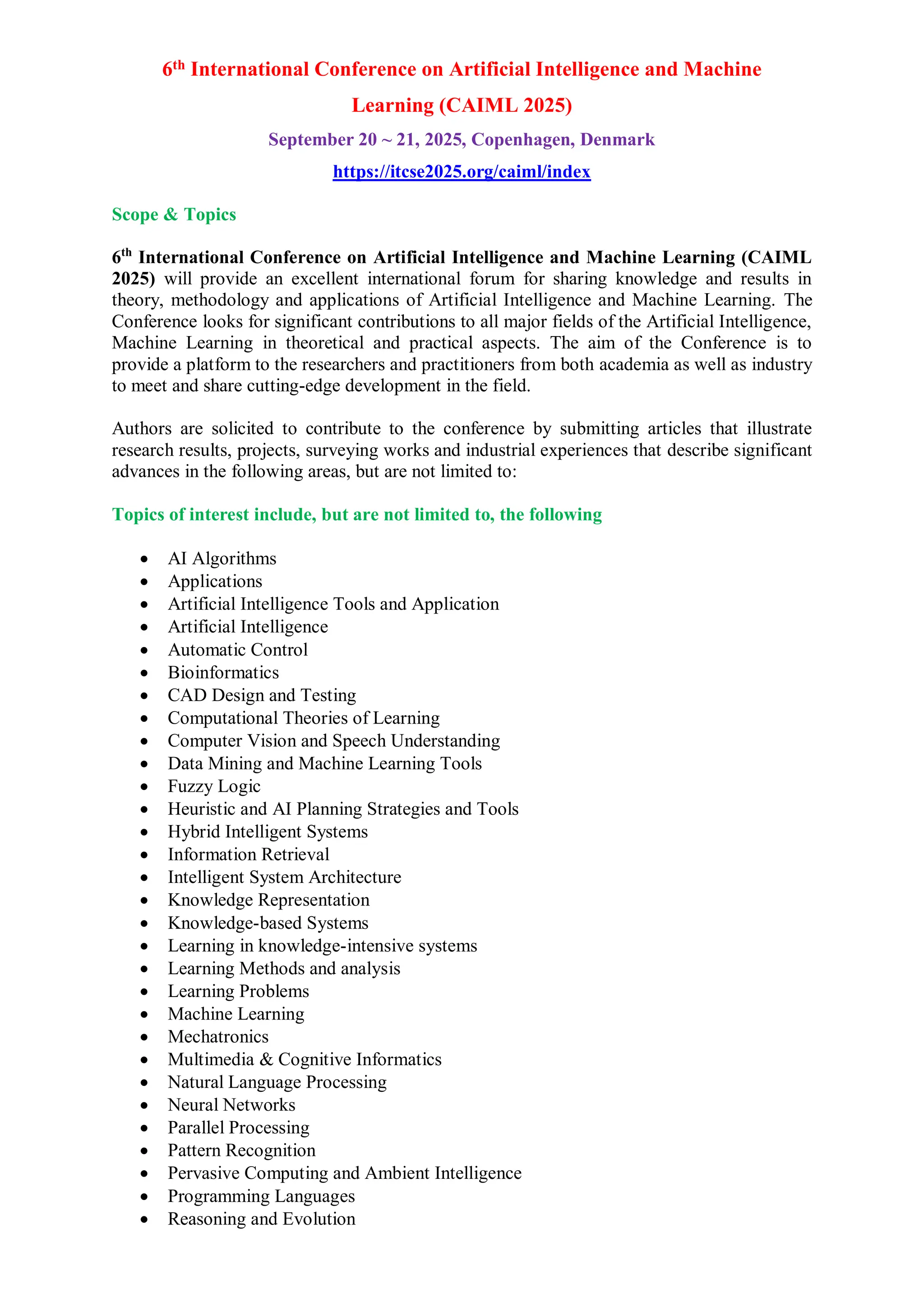 6th International Conference on Artificial Intelligence and Machine ...