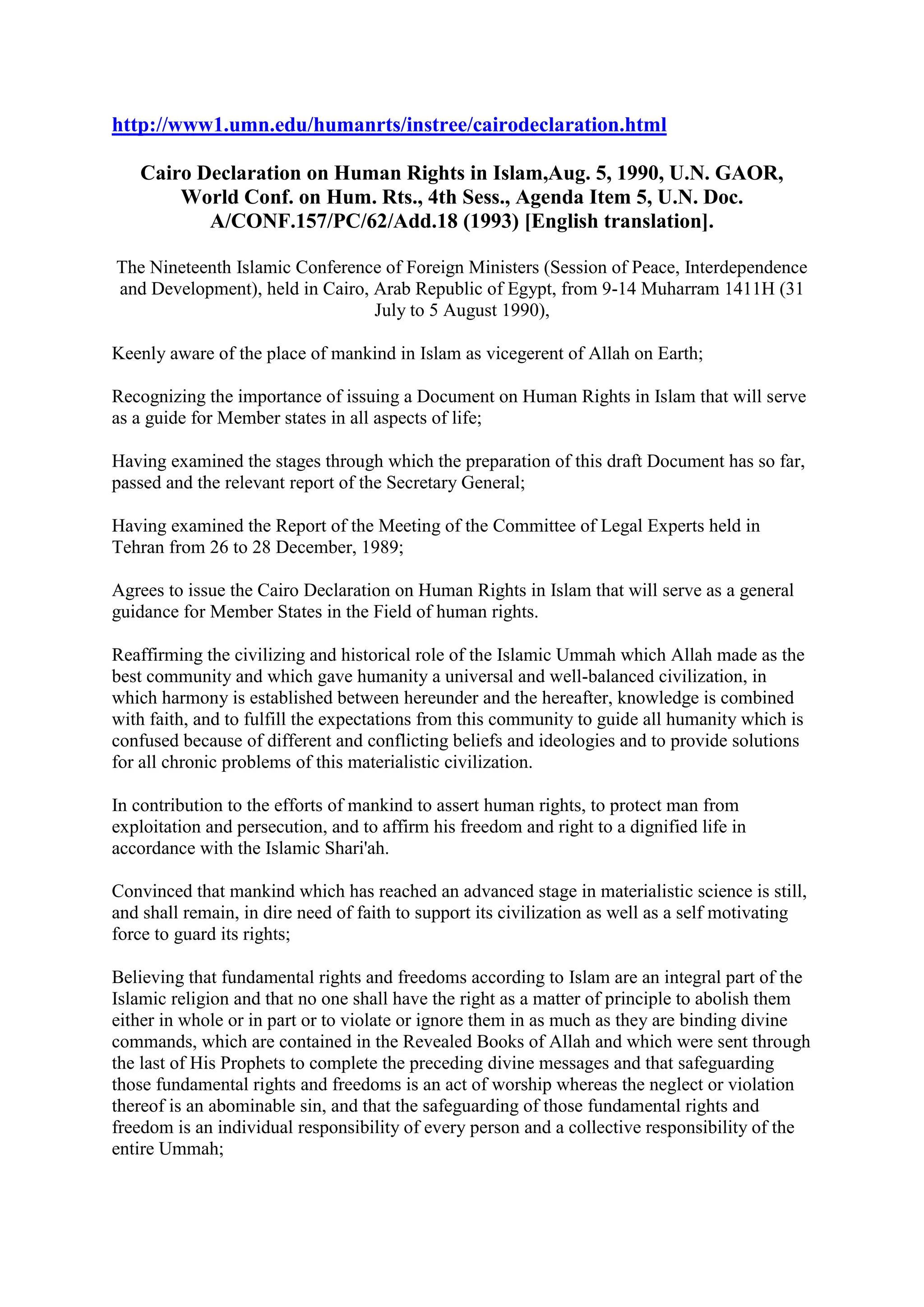 Cairo declaration 1990 | PDF | Islam | Religion & Spirituality