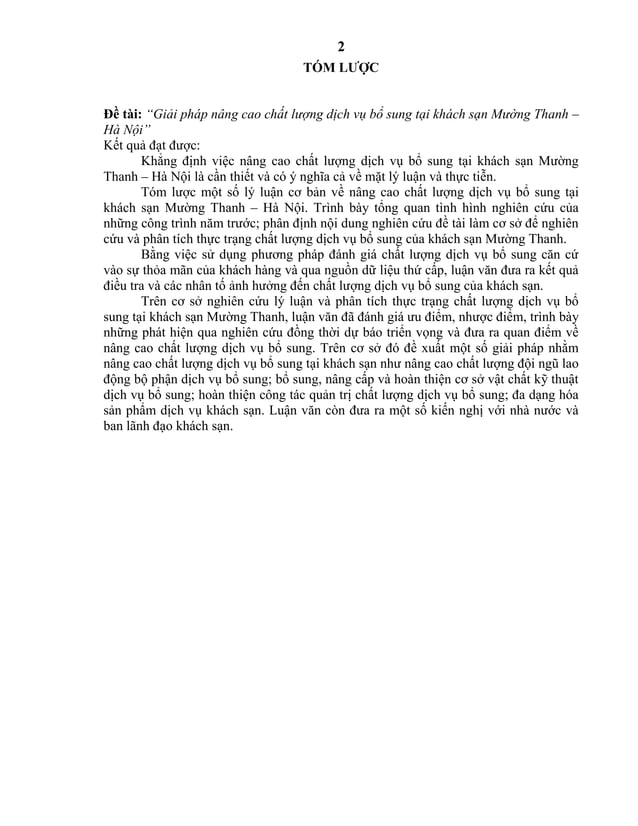 Giải pháp nâng cao chất lượng dịch vụ bổ sung tại khách sạn Mường Thanh – Hà Nội | DOC
