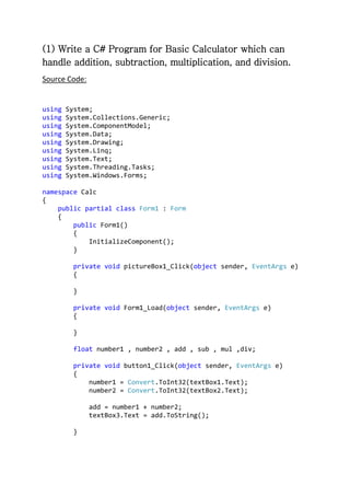 Calculator Program in C#.NET | PDF