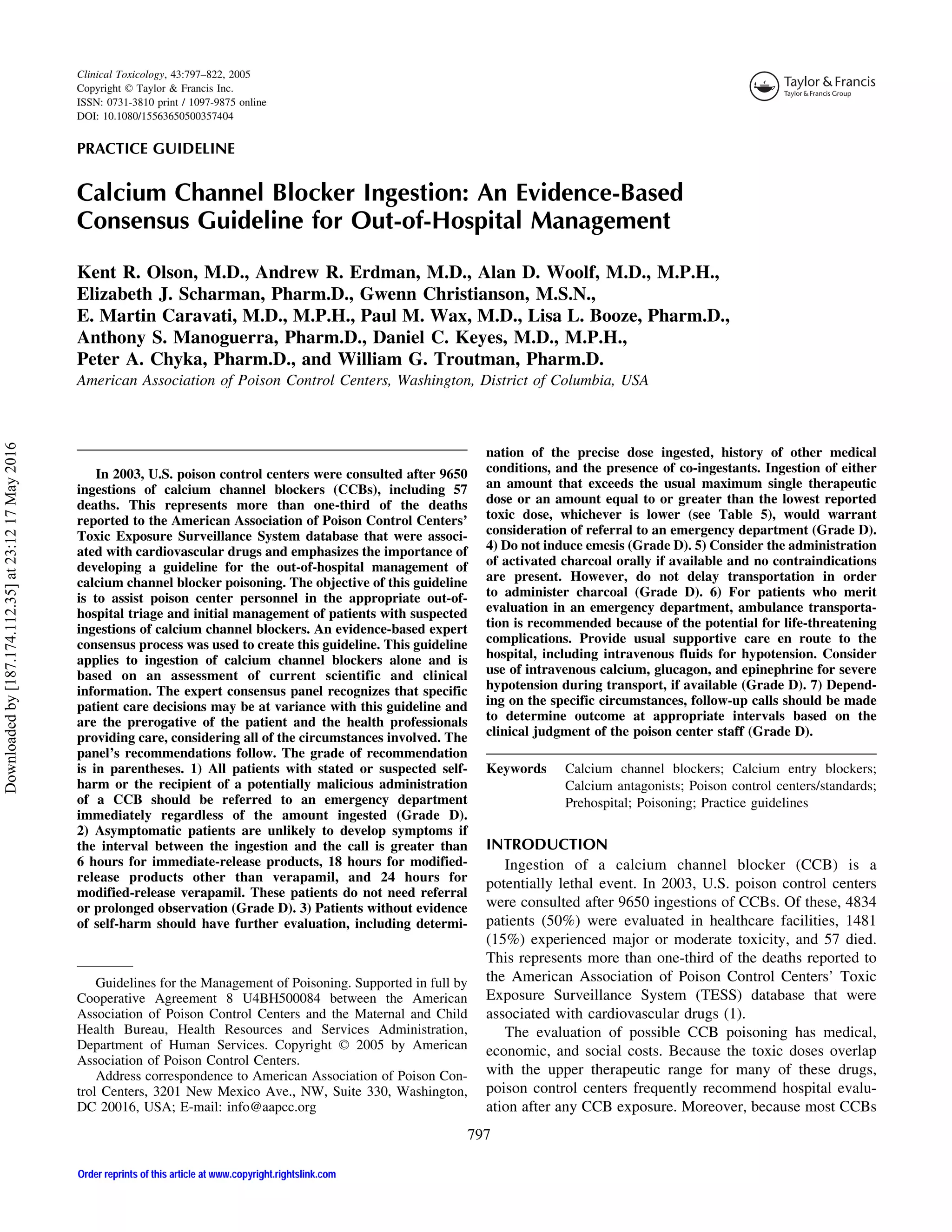 Calcium channel blocker ingestion an evidence based consensus guideline ...