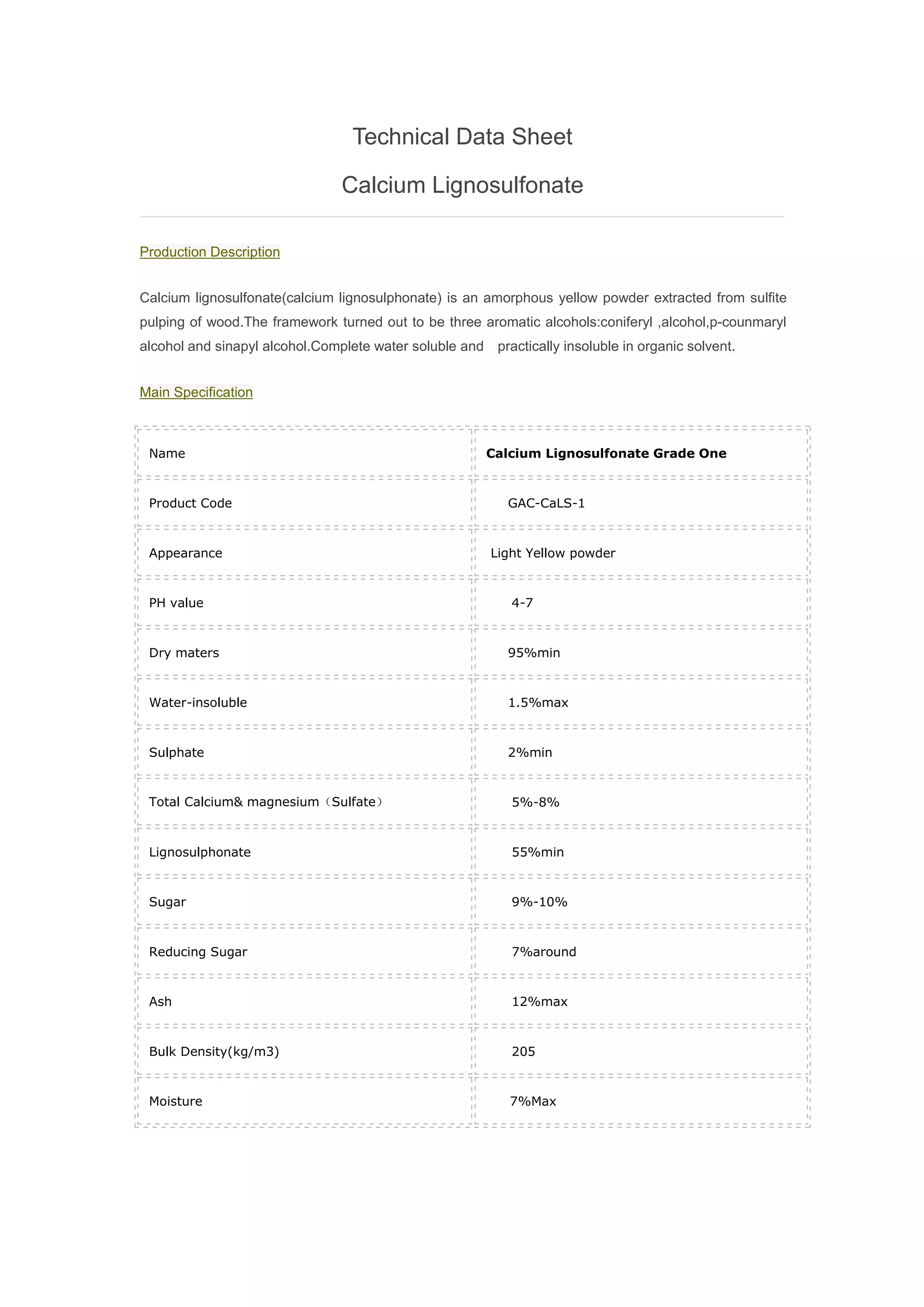 Calcium lignosulfonate grade one(gac ca ls-1)technical data sheet | PDF