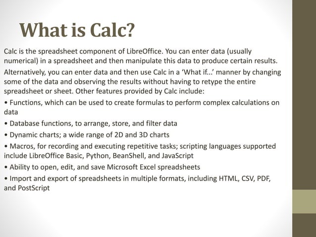 Libre Office Calc Lesson 1: Introduction to spreadsheets | PPTX