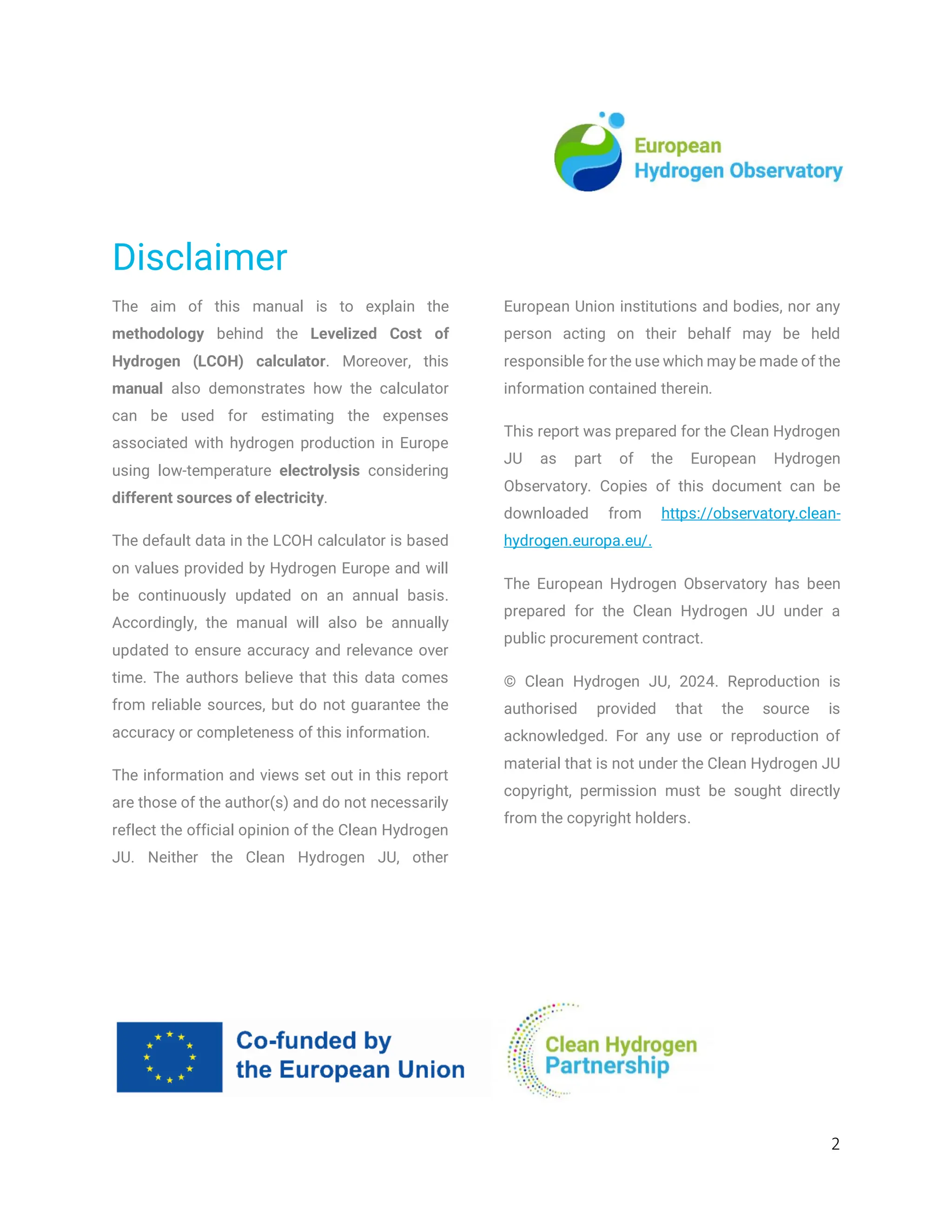 Levelised Cost of Hydrogen (LCOH) Calculator Manual | PDF
